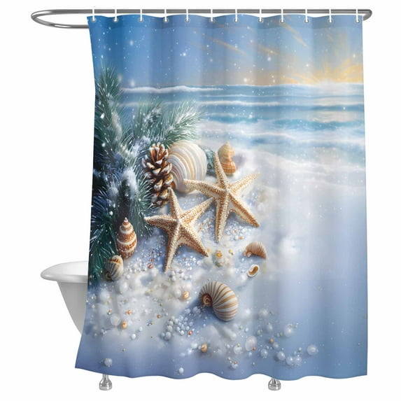 Bathroom Shower Curtain Ocean Starfish Shell Christmas Pine Cone ...