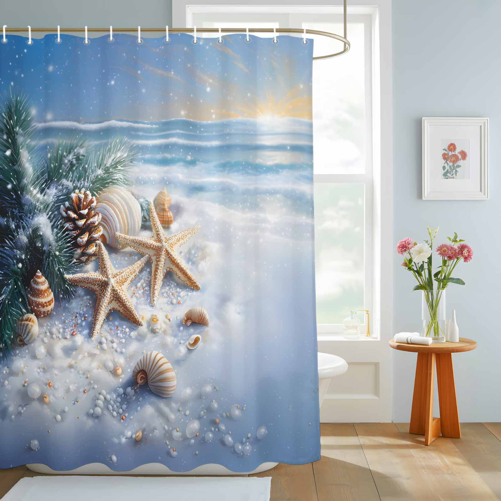 Bathroom Shower Curtain Ocean Starfish Shell Christmas Pine Cone ...