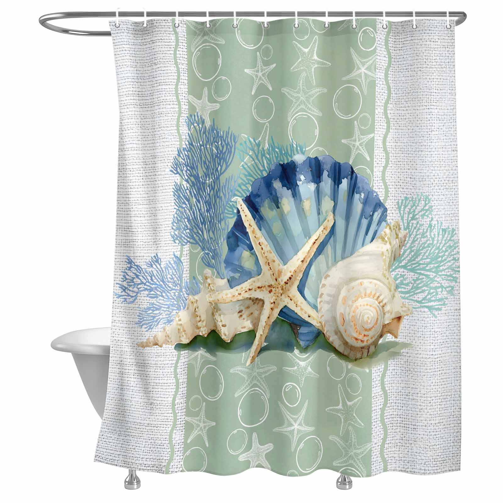 Bathroom Shower Curtain Ocean Starfish Shell Conch Coral Waterproof ...