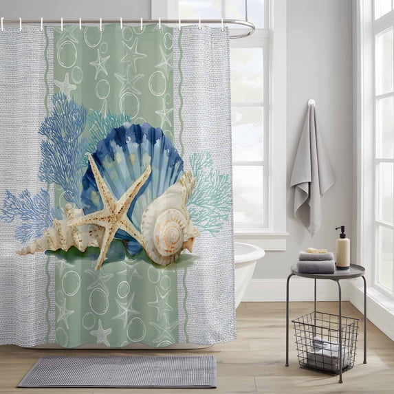Bathroom Shower Curtain Ocean Starfish Shell Conch Coral Waterproof ...