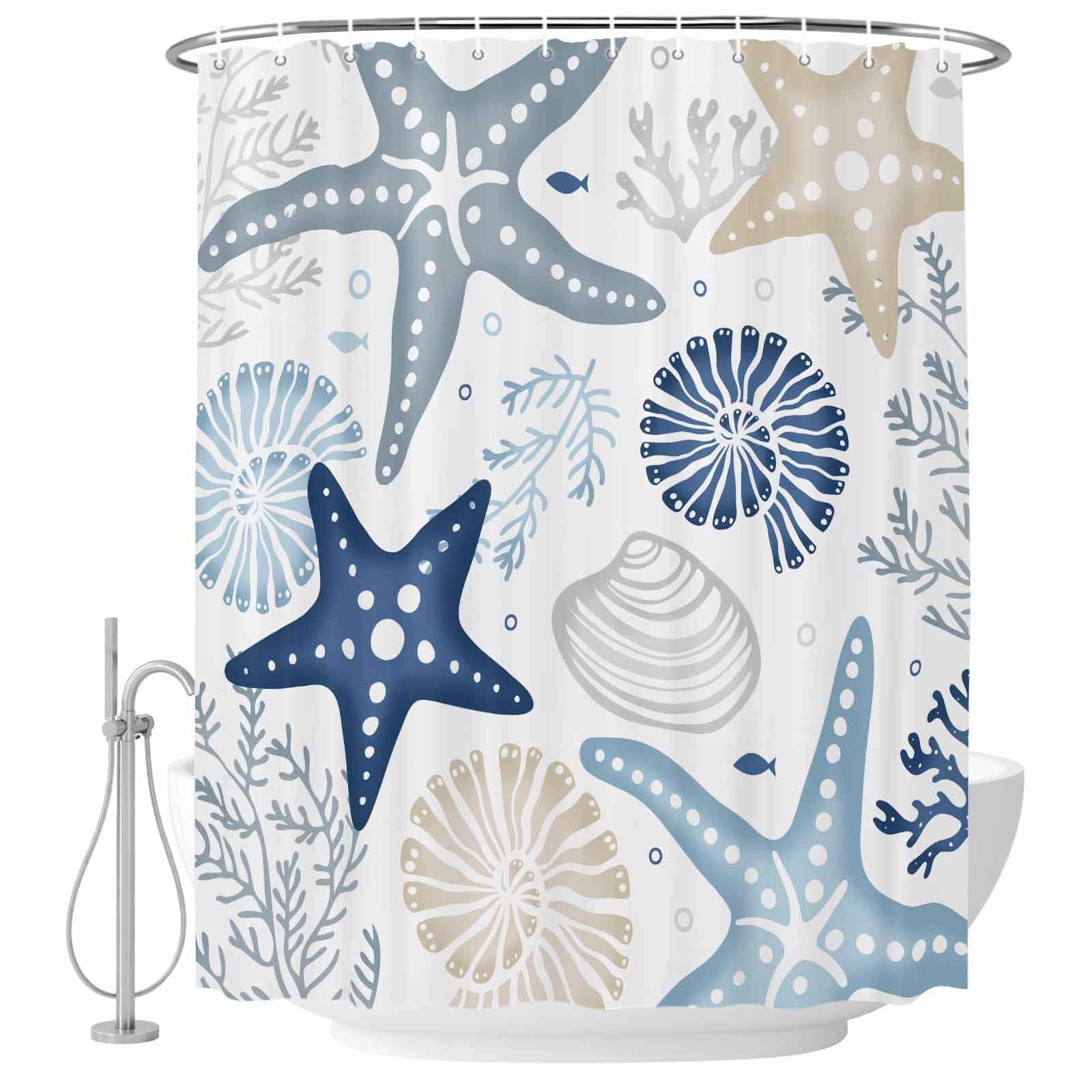 Bathroom Shower Curtain Ocean Starfish Shell Conch Waterproof Shower ...