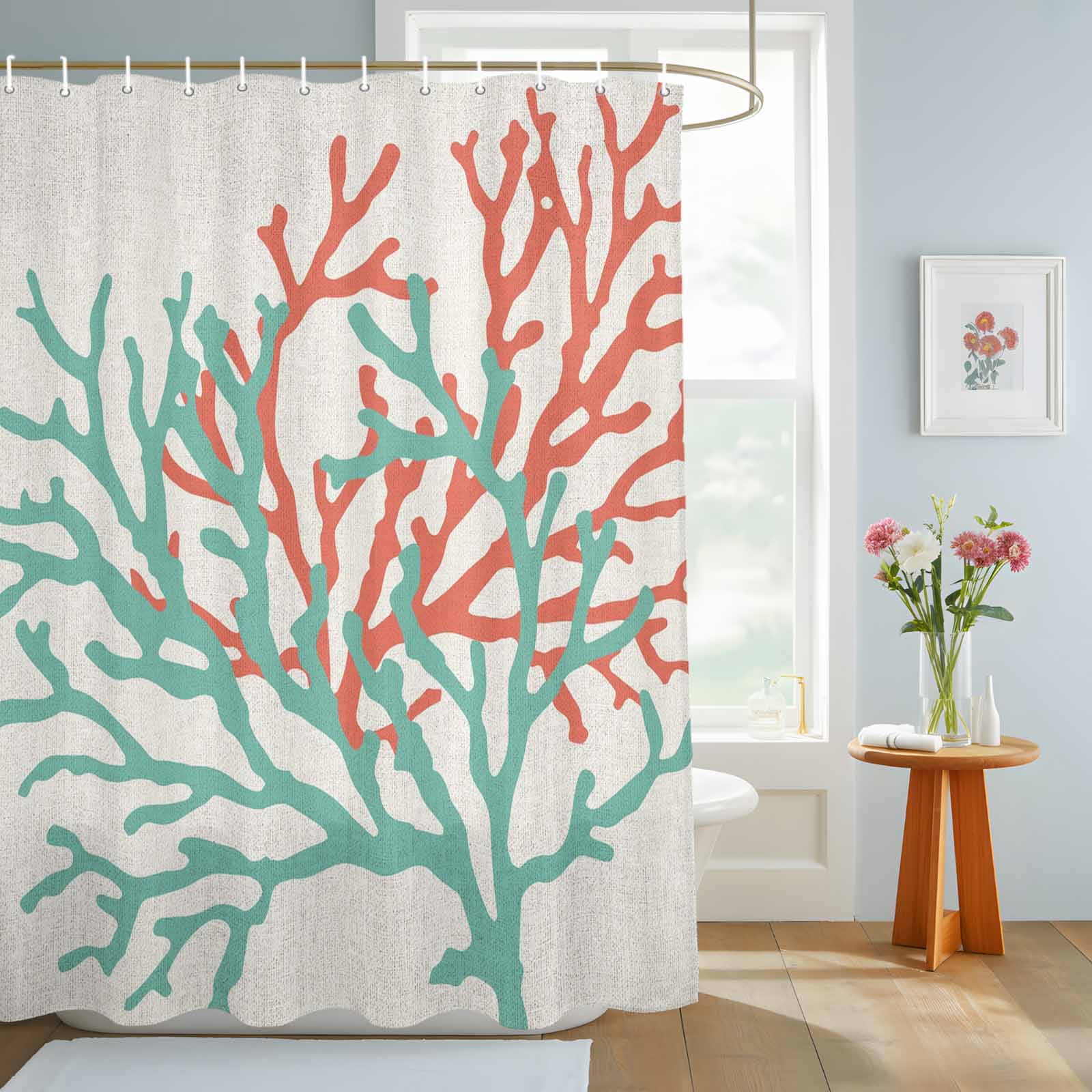 Bathroom Shower Curtain Ocean Teal Orange Coral on Linen Waterproof ...