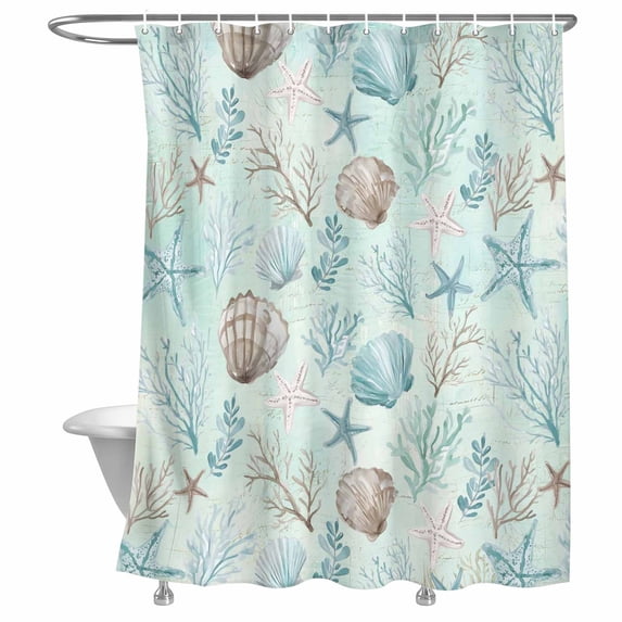 Bathroom Shower Curtain Oceans Green Shells Corals Sea Stars Waterproof ...