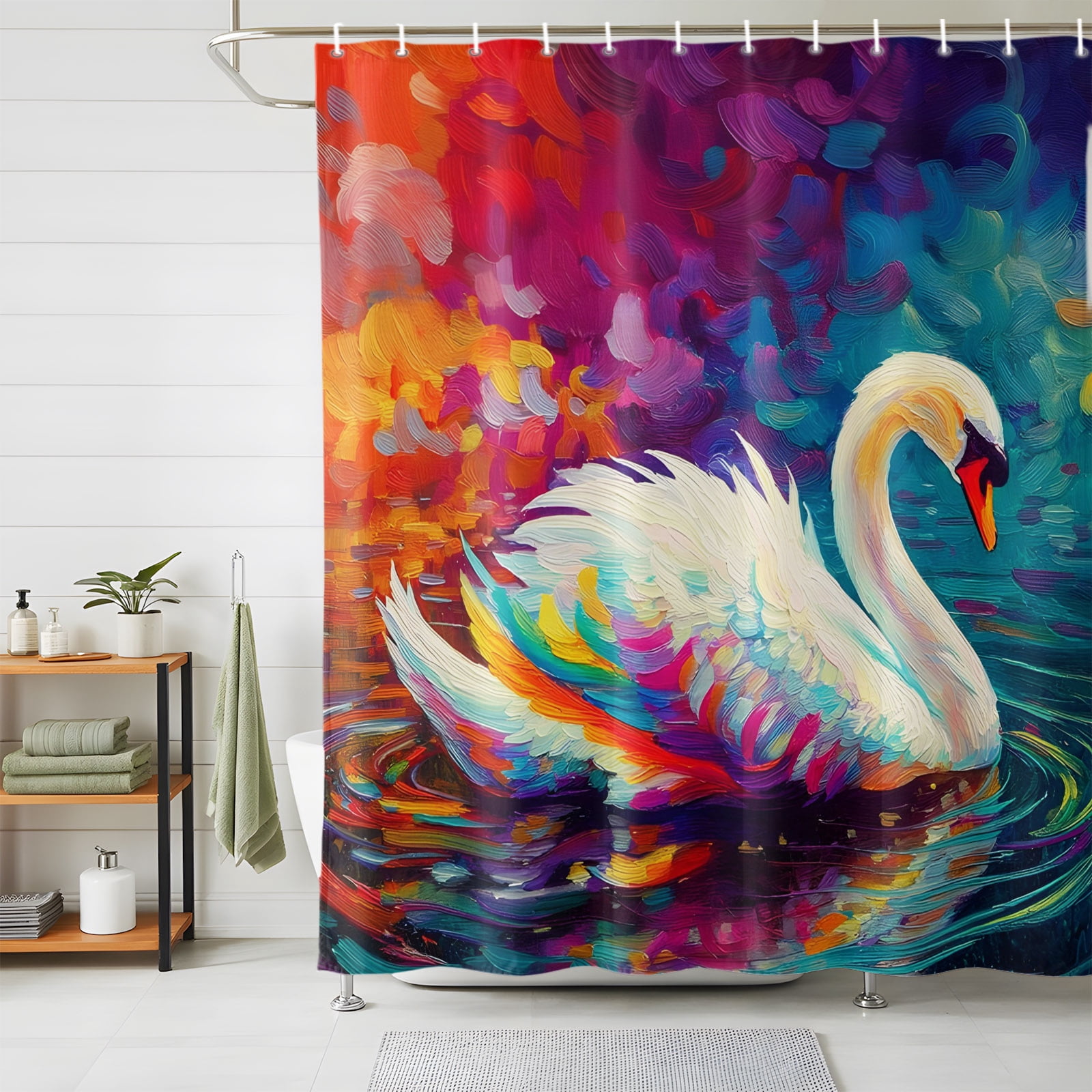 Bathroom Shower Curtain Oil Painting Style Swan Waterproof Shower ...