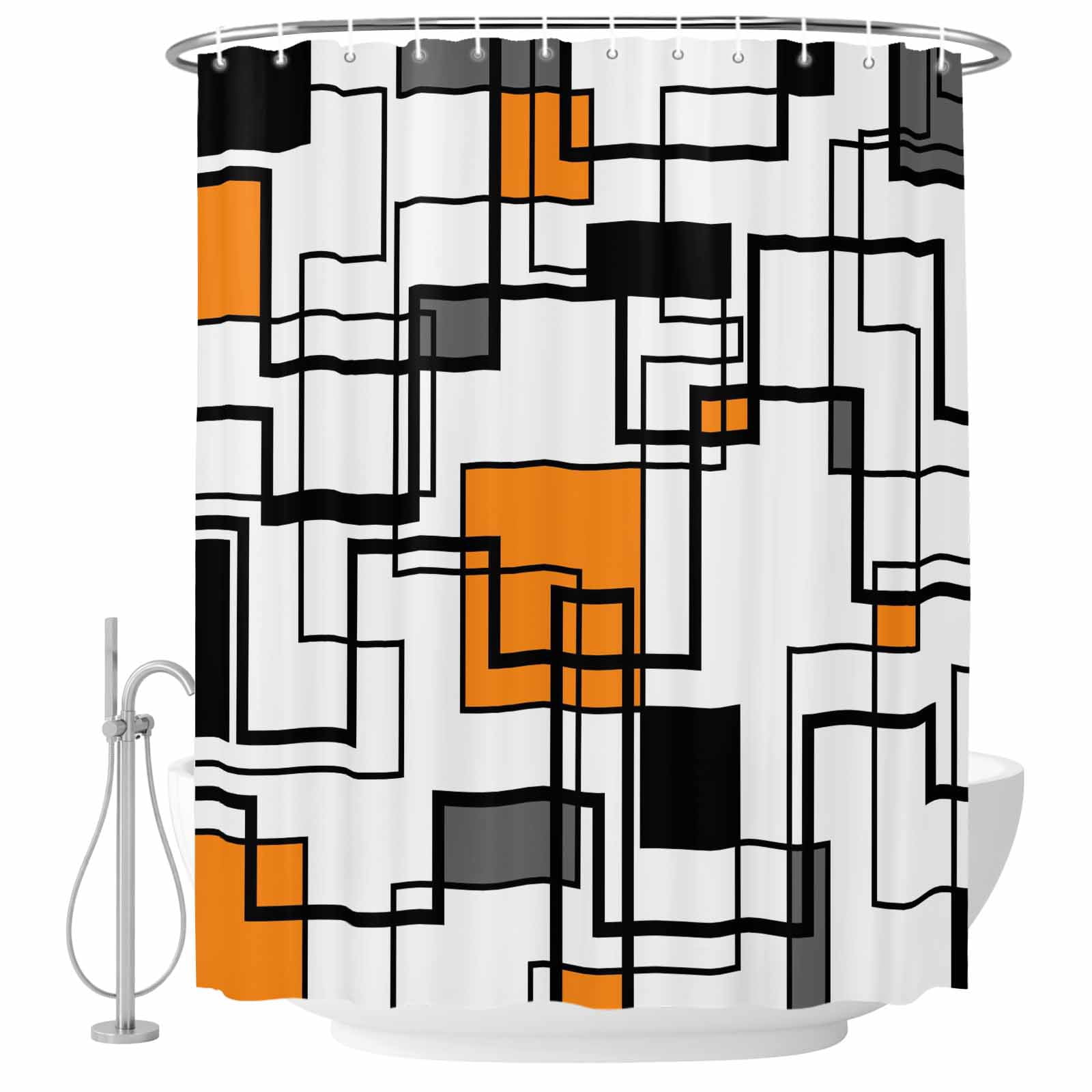 Bathroom Shower Curtain Orange Black Geometric Lines Art Waterproof ...