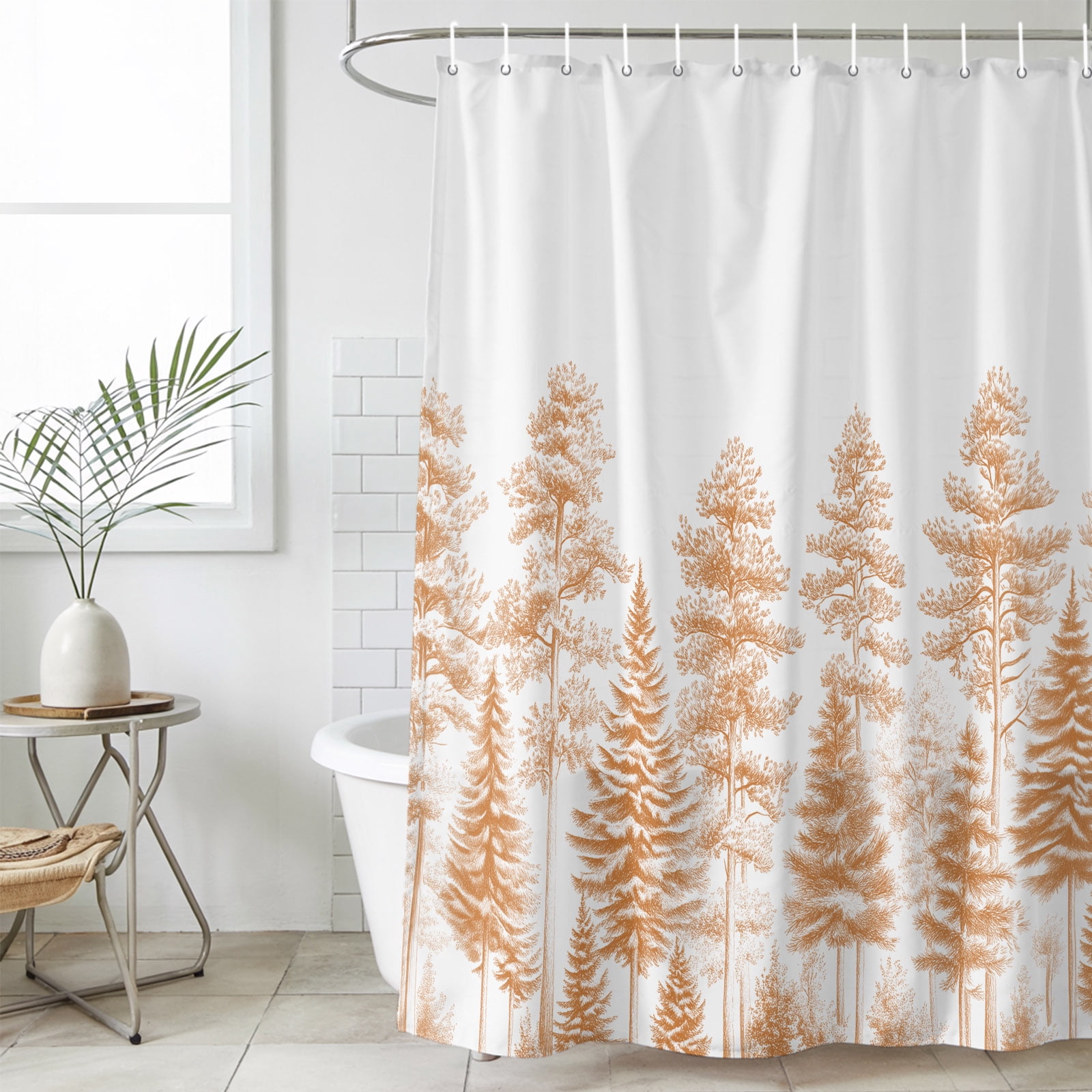 Bathroom Shower Curtain Orange Pine Tree Forest Sketch Art Waterproof ...