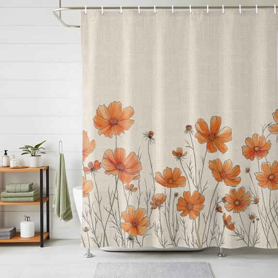 Bathroom Shower Curtain Orange Watercolor Garden Flower Waterproof ...