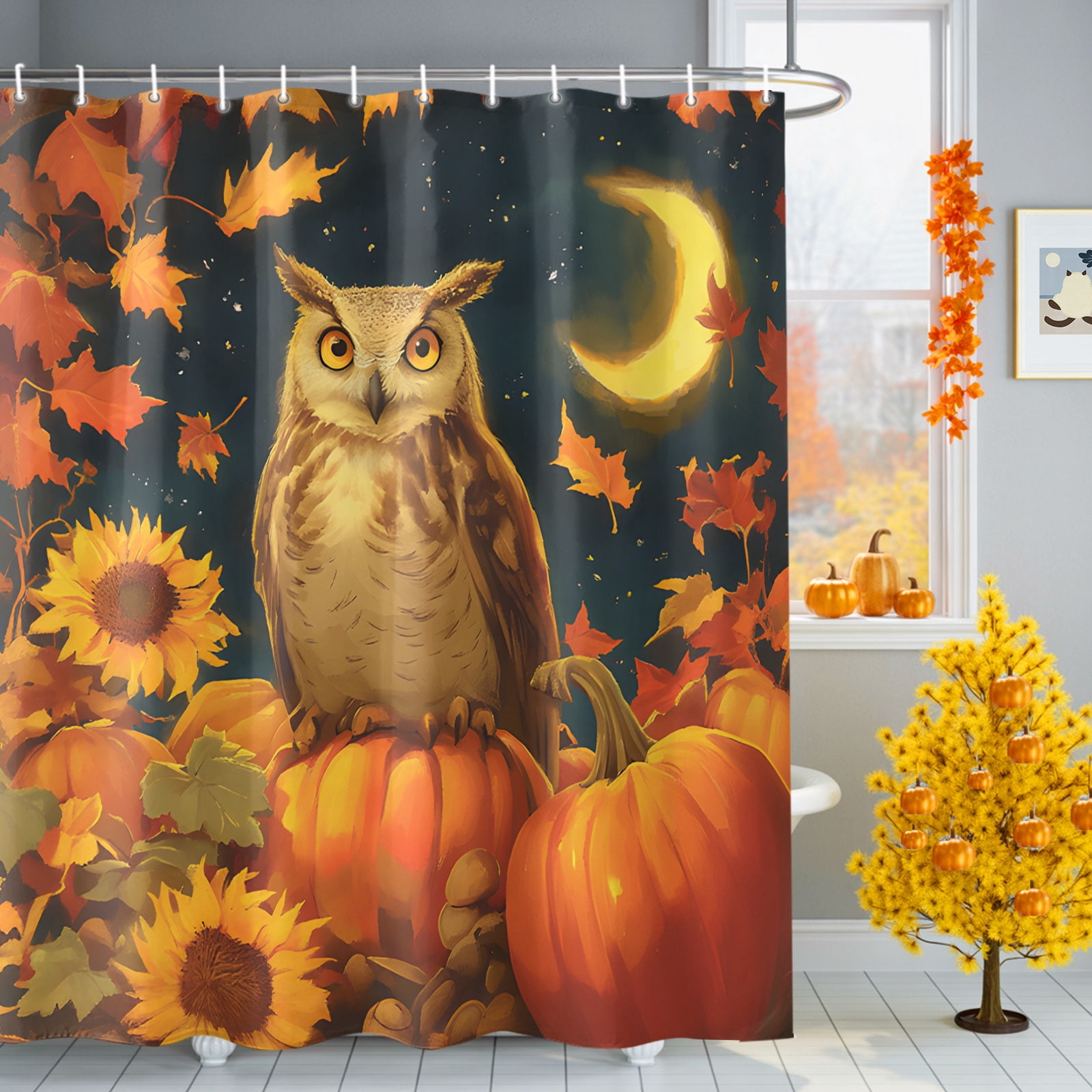 Bathroom Shower Curtain Owl Autumn Thanksgiving Orange Pumpkin ...