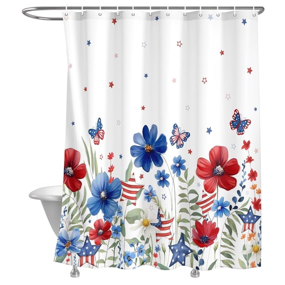 Bathroom Shower Curtain Pastoral American Flag Flowers Waterproof ...