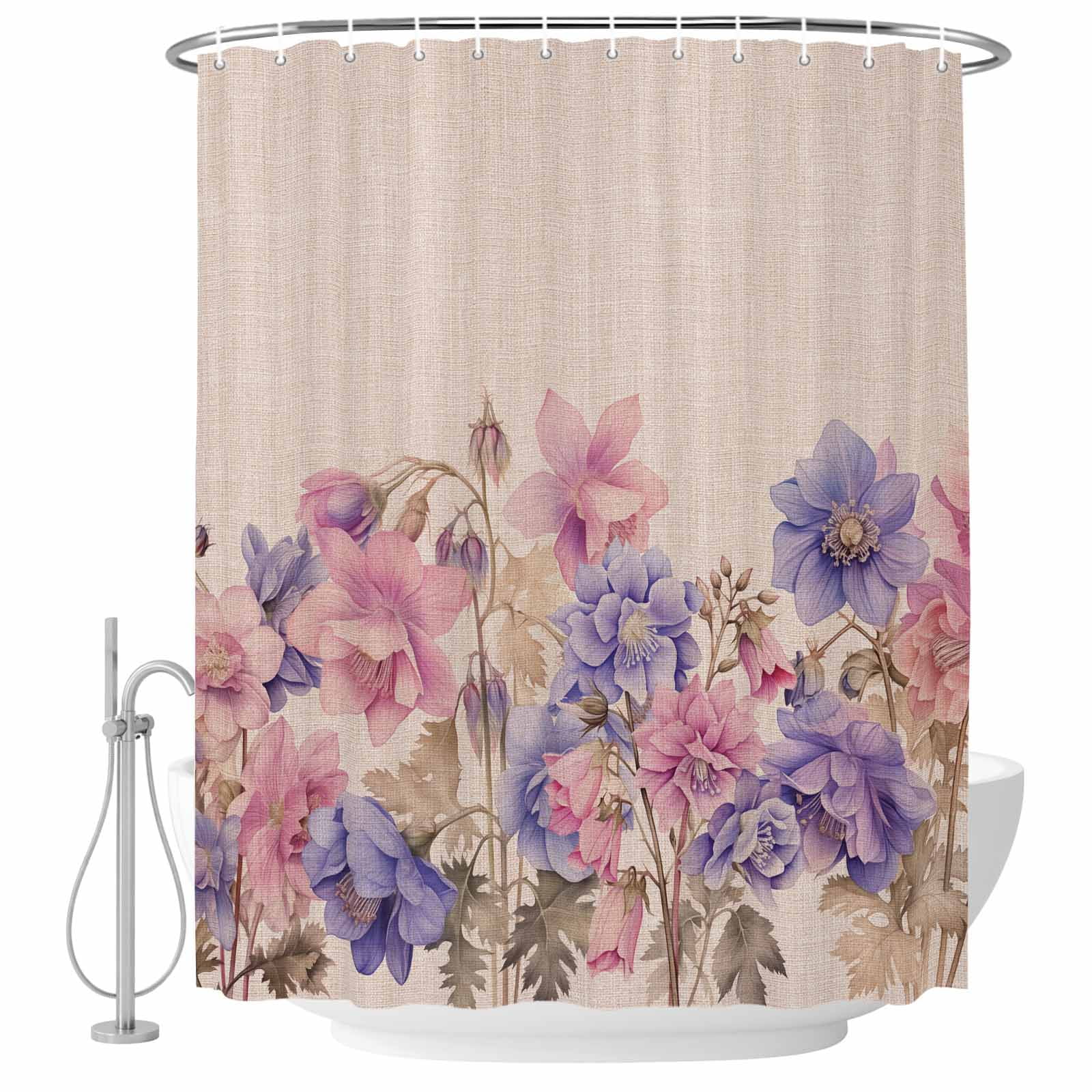 Bathroom Shower Curtain Pastoral Blooming Flower Purple Pink Waterproof ...