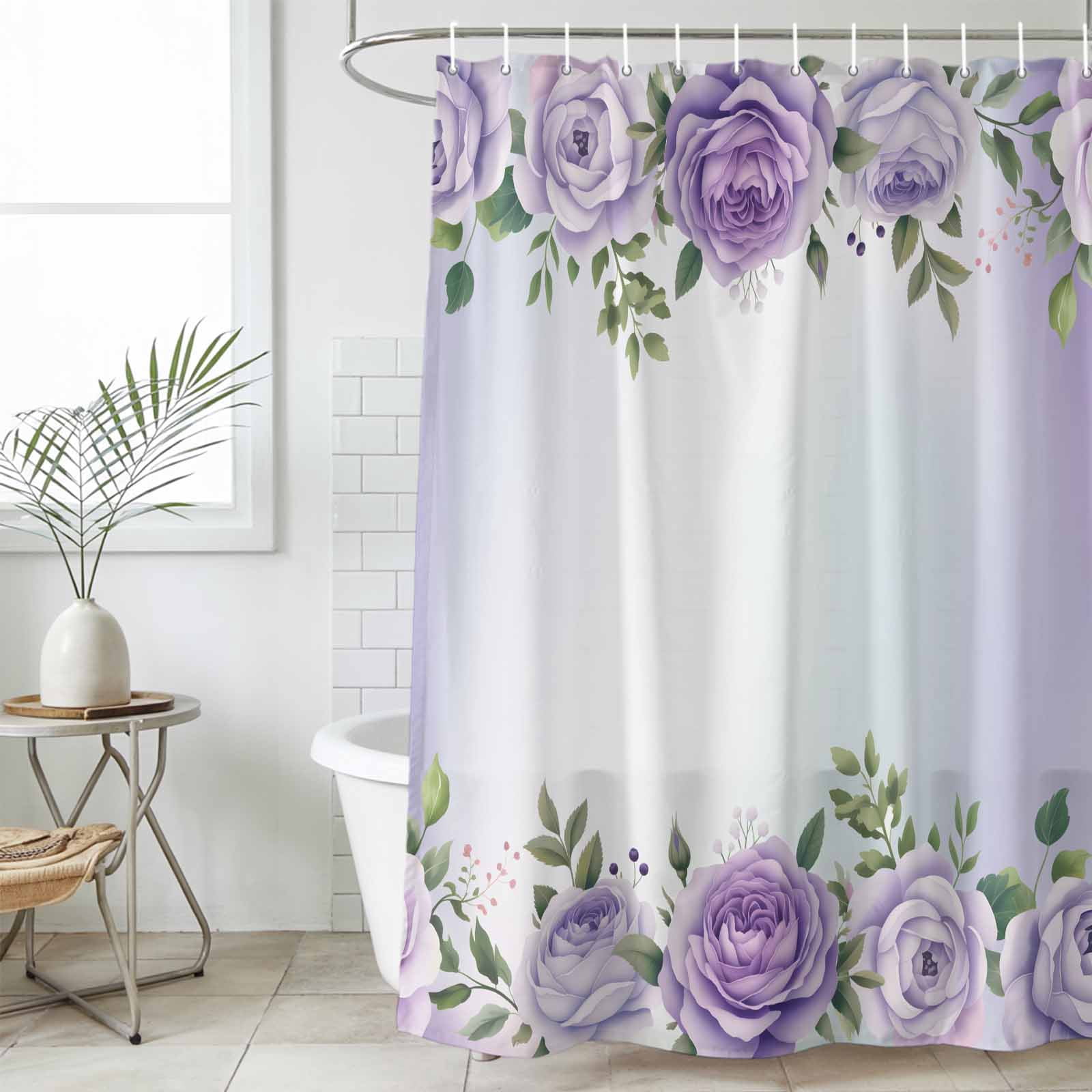 Bathroom Shower Curtain Pastoral Purple Flower Green Leaves Waterproof ...