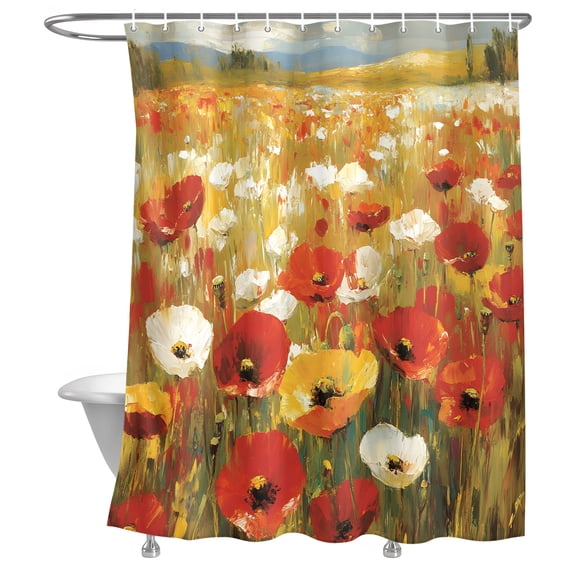 Bathroom Shower Curtain Pastoral Watercolor Poppy Flower Waterproof ...