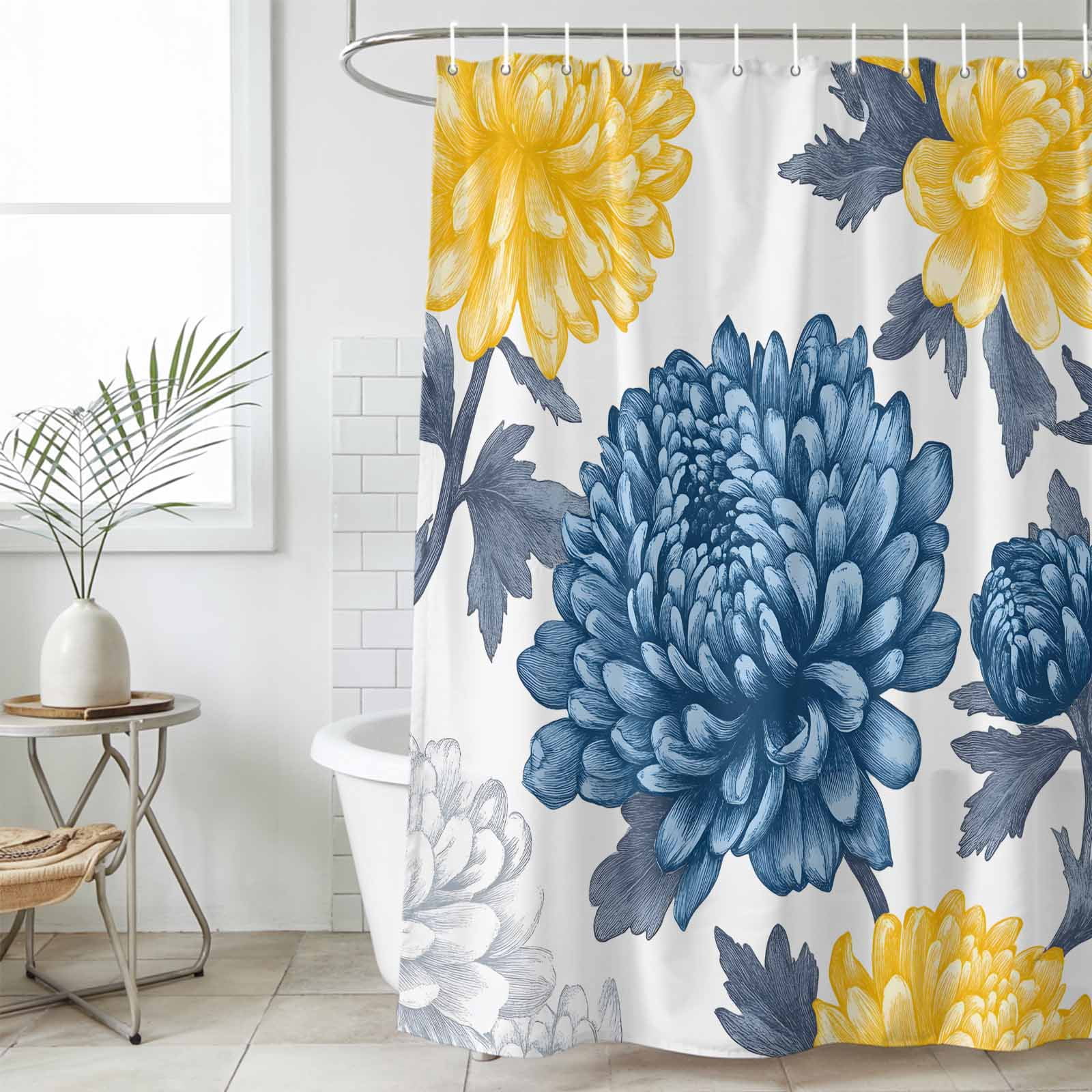 Bathroom Shower Curtain Pastoral White Blue Yellow Flower Waterproof ...