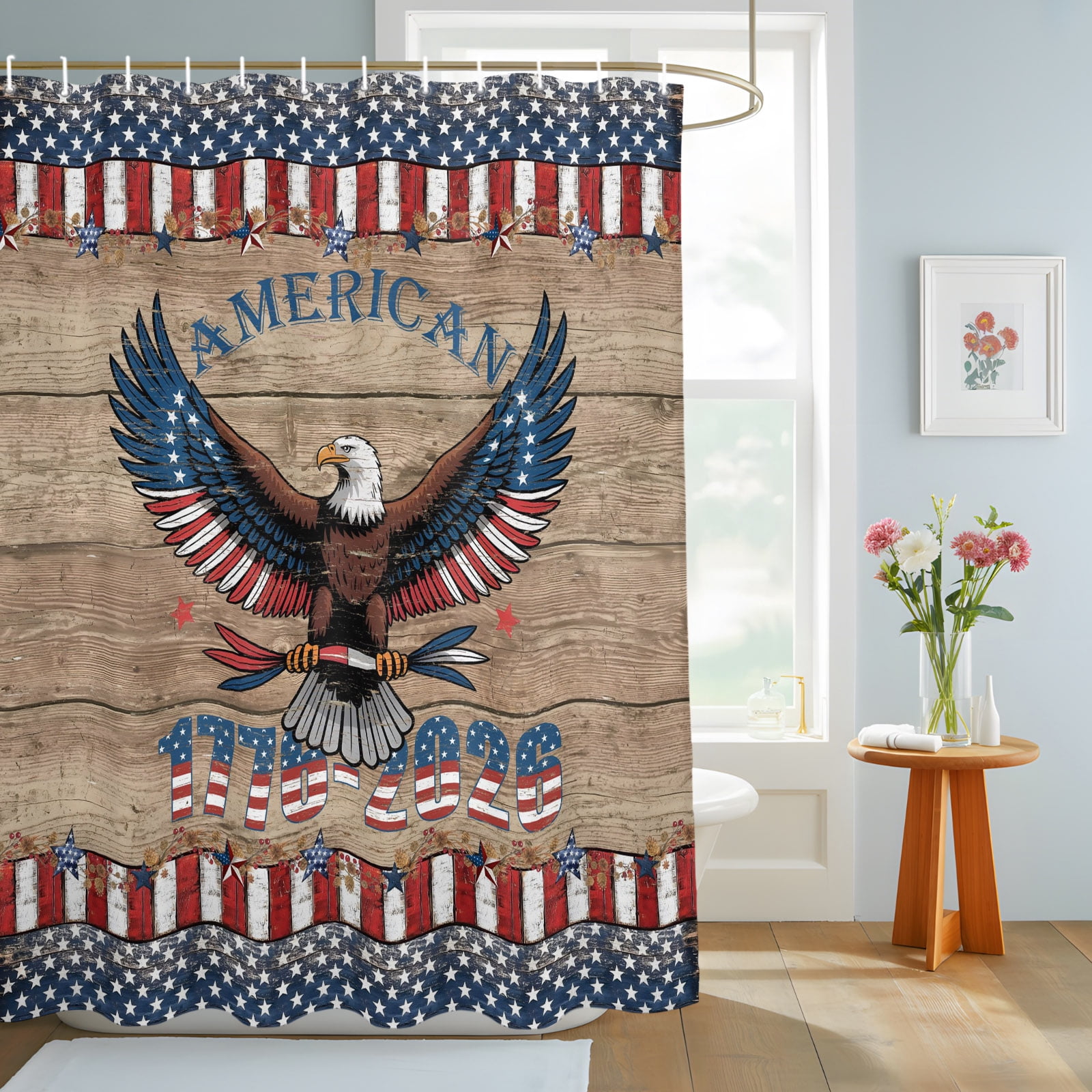 Bathroom Shower Curtain Patriotic Eagle Retro Wood Plank Waterproof ...