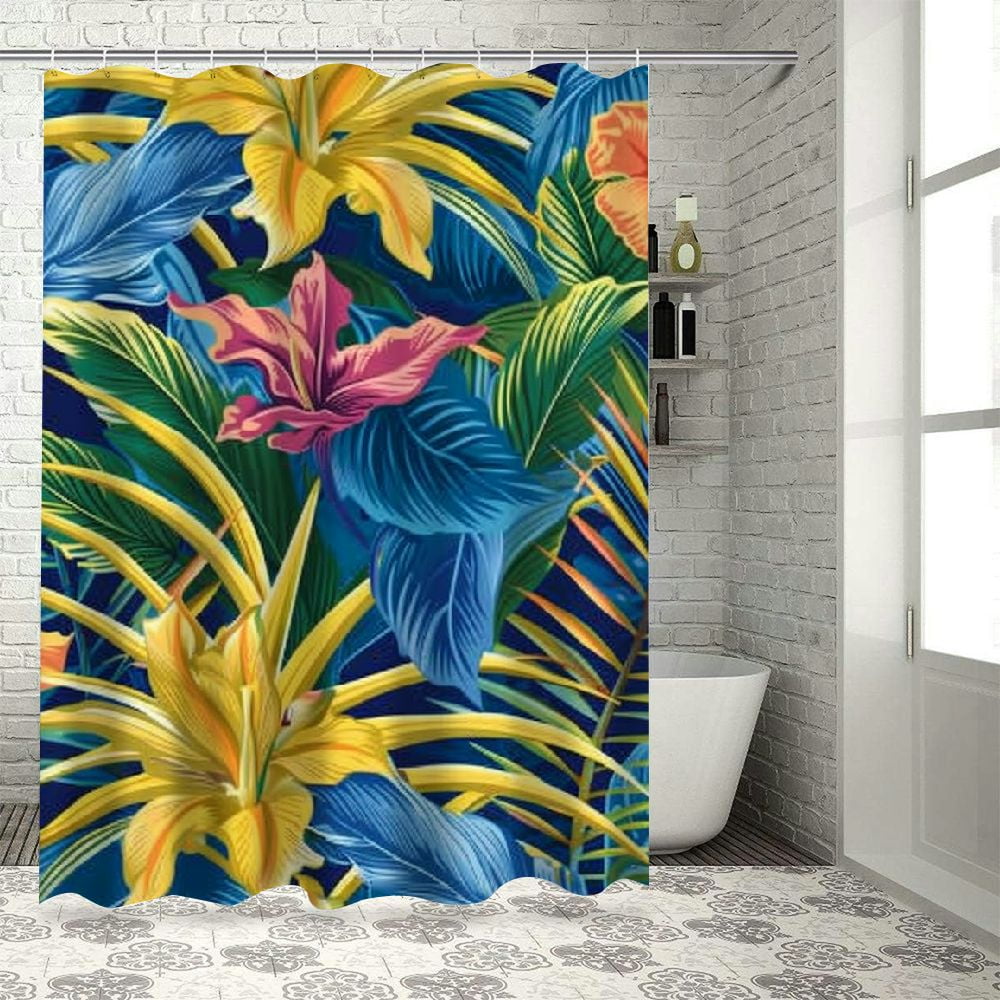 Bathroom Shower Curtain Pattern Vivid Tropic Foliage Palm Leaves ...