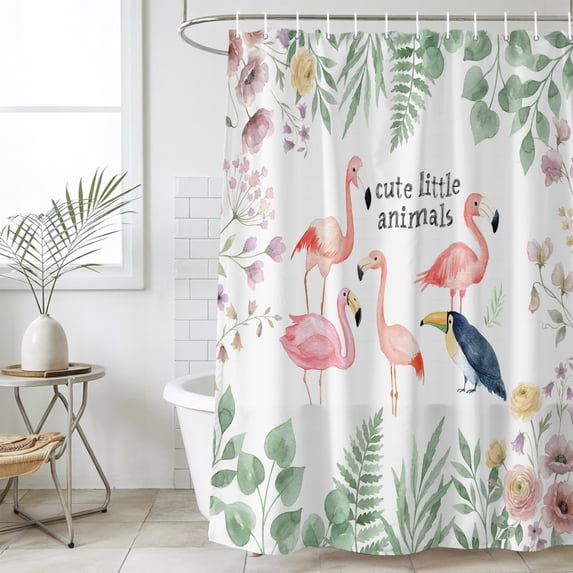 Bathroom Shower Curtain Pink Flamingo Green Leaf Flower Waterproof ...