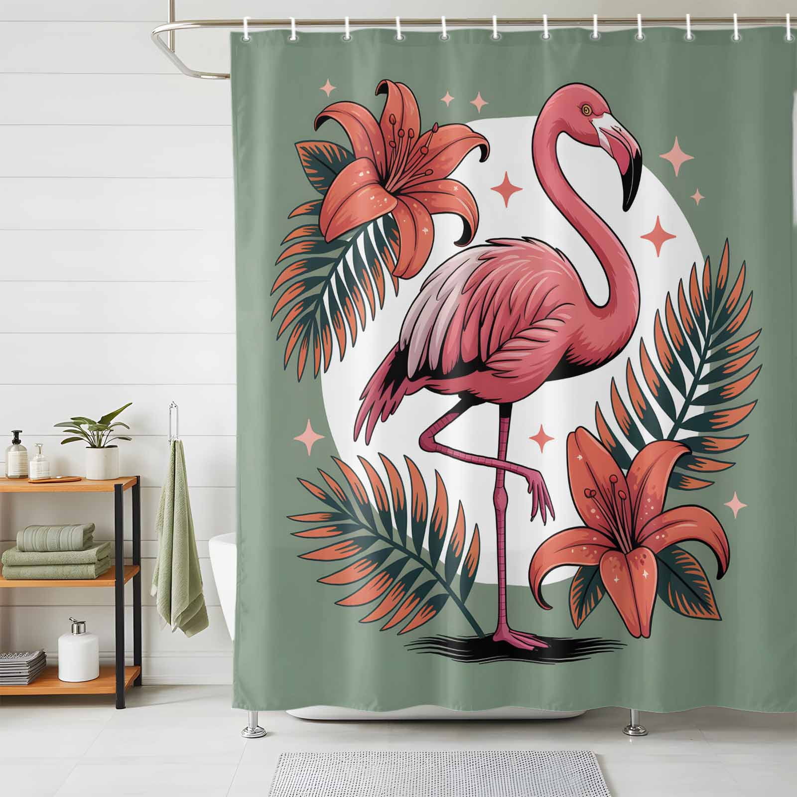 Bathroom Shower Curtain Pink Flamingos Flower Leaf Waterproof Shower ...