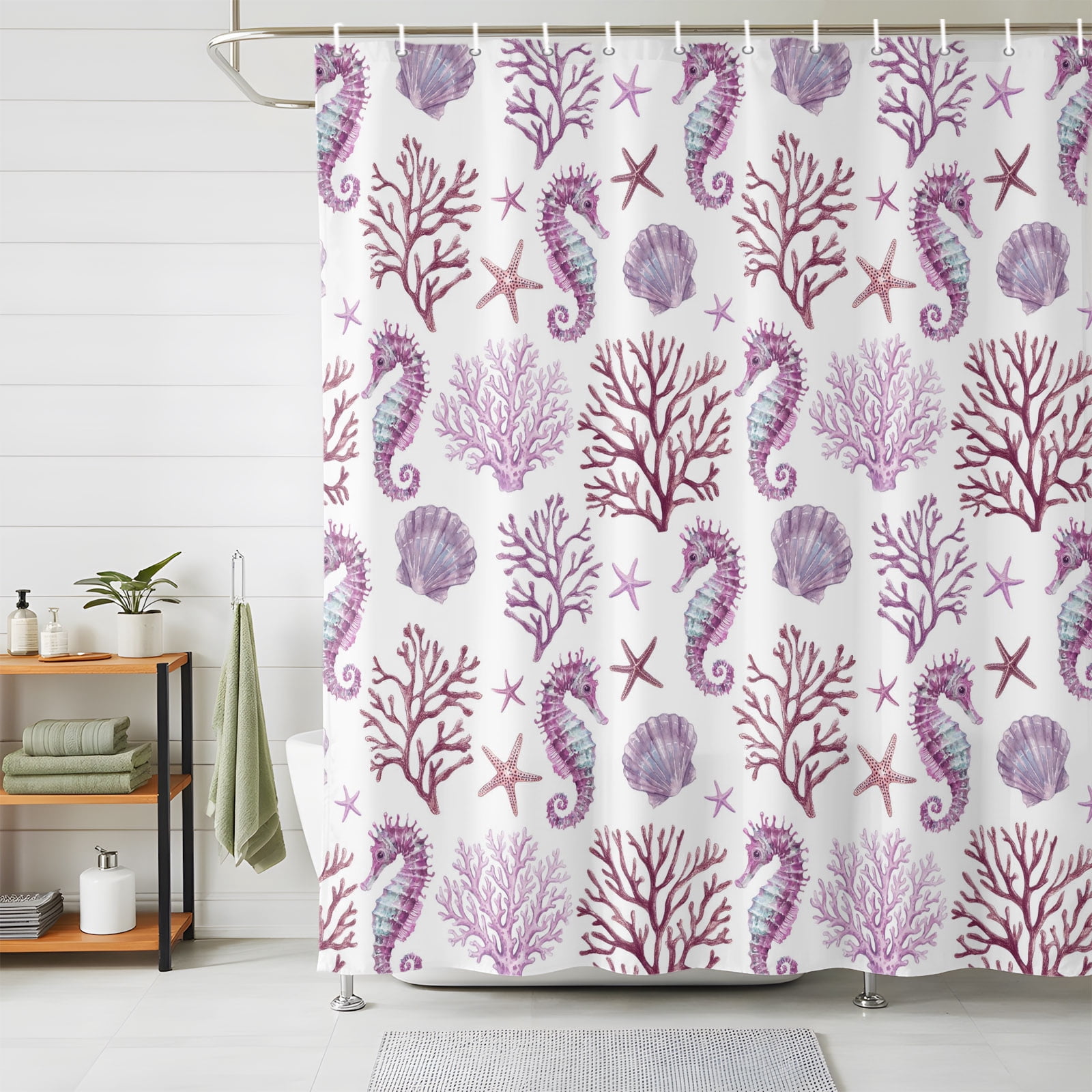 Bathroom Shower Curtain Pink Marine Life Seahorse Coral Waterproof ...