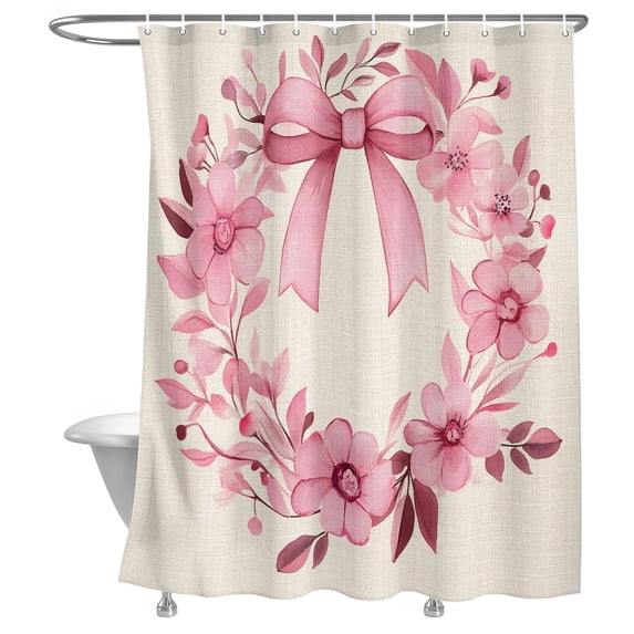 Bathroom Shower Curtain Pink Wreath Watercolor Floral Bow Waterproof ...