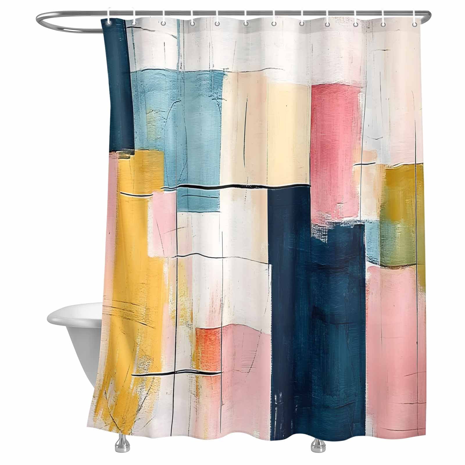 Bathroom Shower Curtain Pink Yellow Blue Color Block Waterproof Shower ...