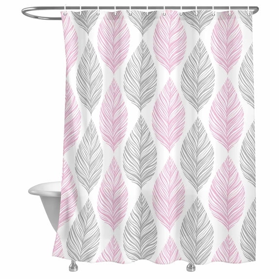 Bathroom Shower Curtain Pink and Grey Botanical Leaves Waterproof ...