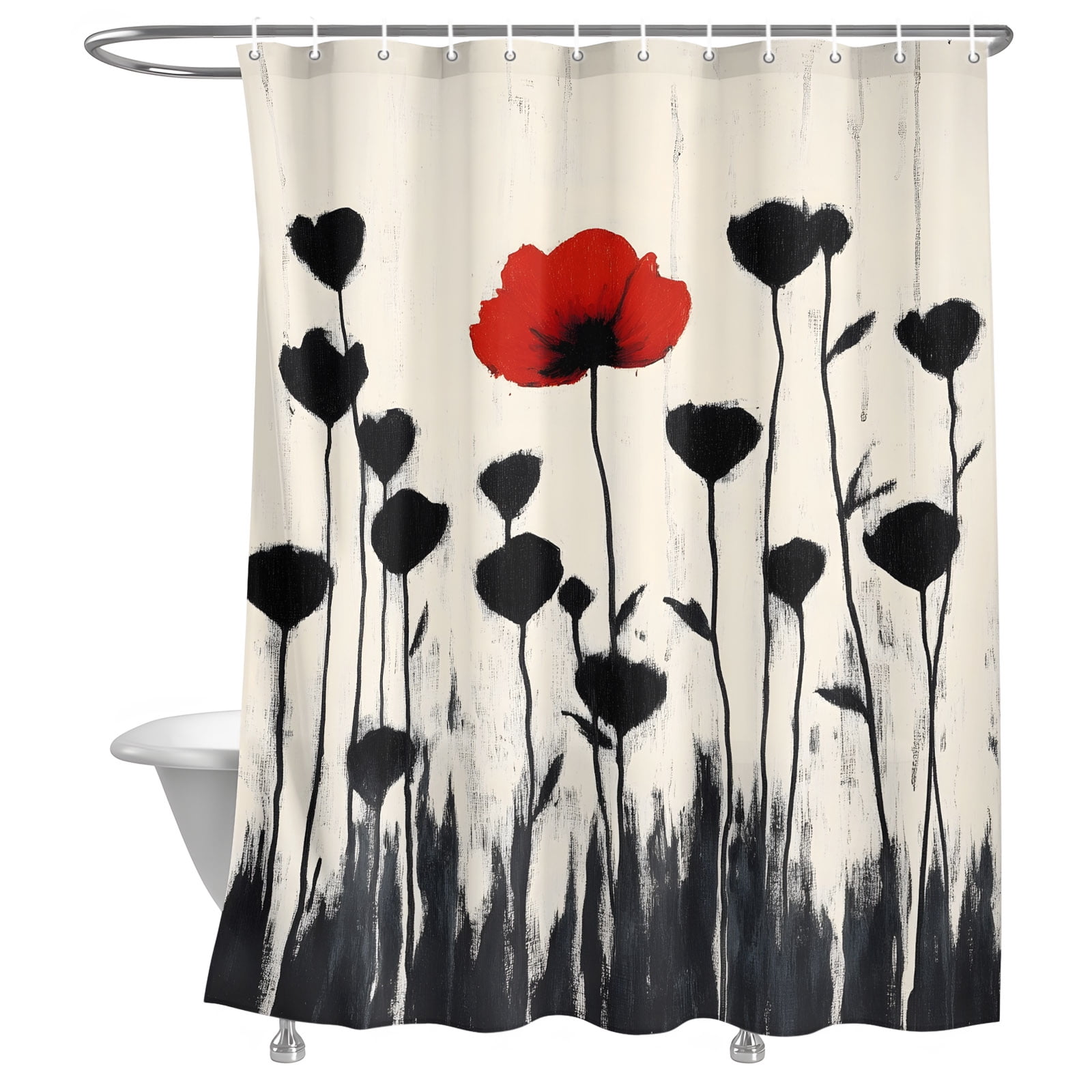 Bathroom Shower Curtain Poppy Flower Black Shade Waterproof Shower ...