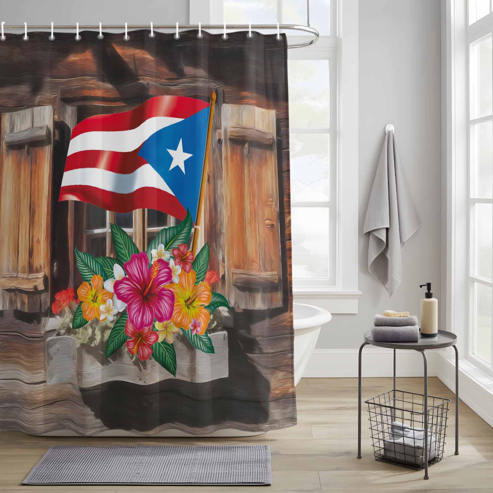 Bathroom Shower Curtain Puerto Rico Flag with Colorful Flowers ...