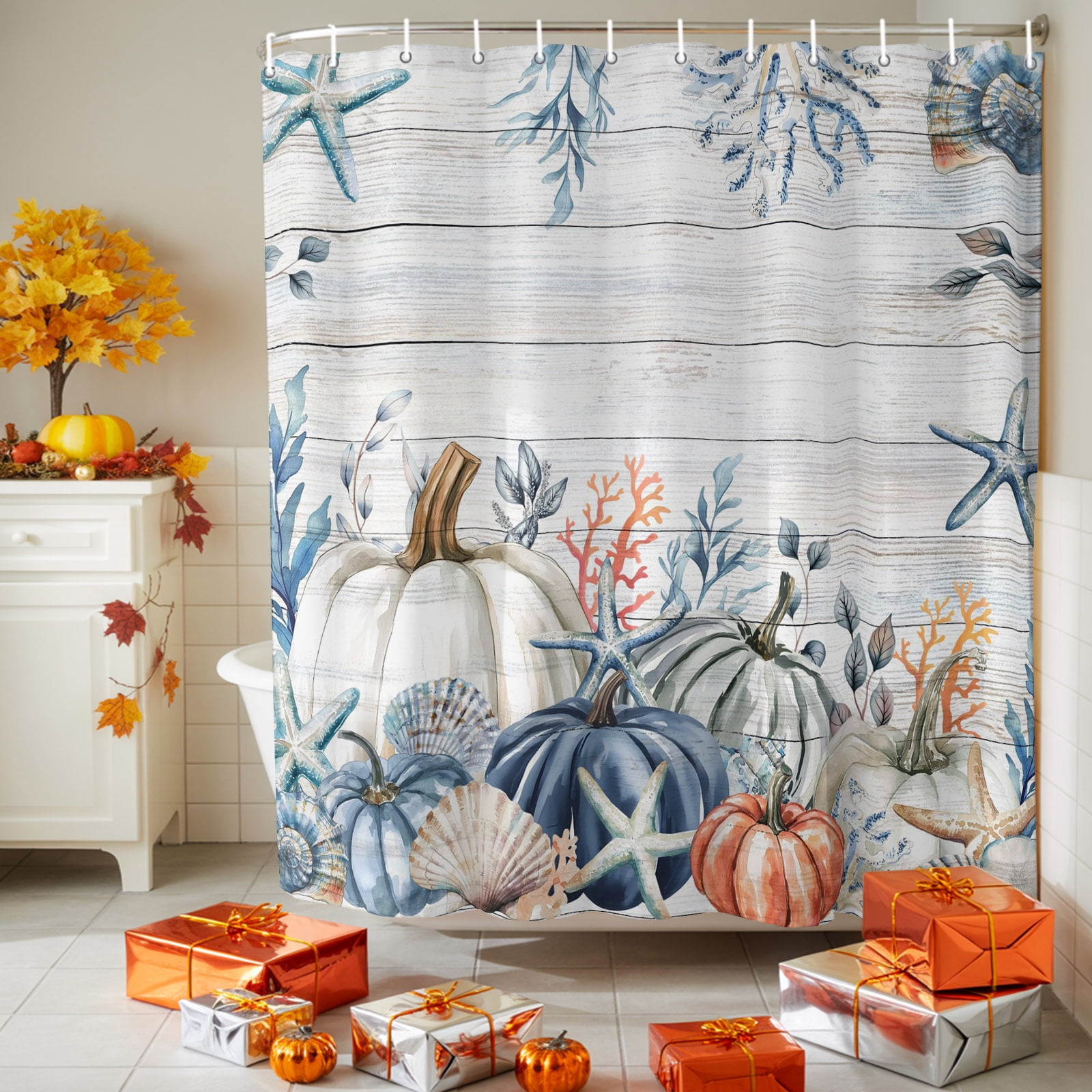 Bathroom Shower Curtain Pumpkin Thanksgiving Blue Starfish Ocean Shell ...