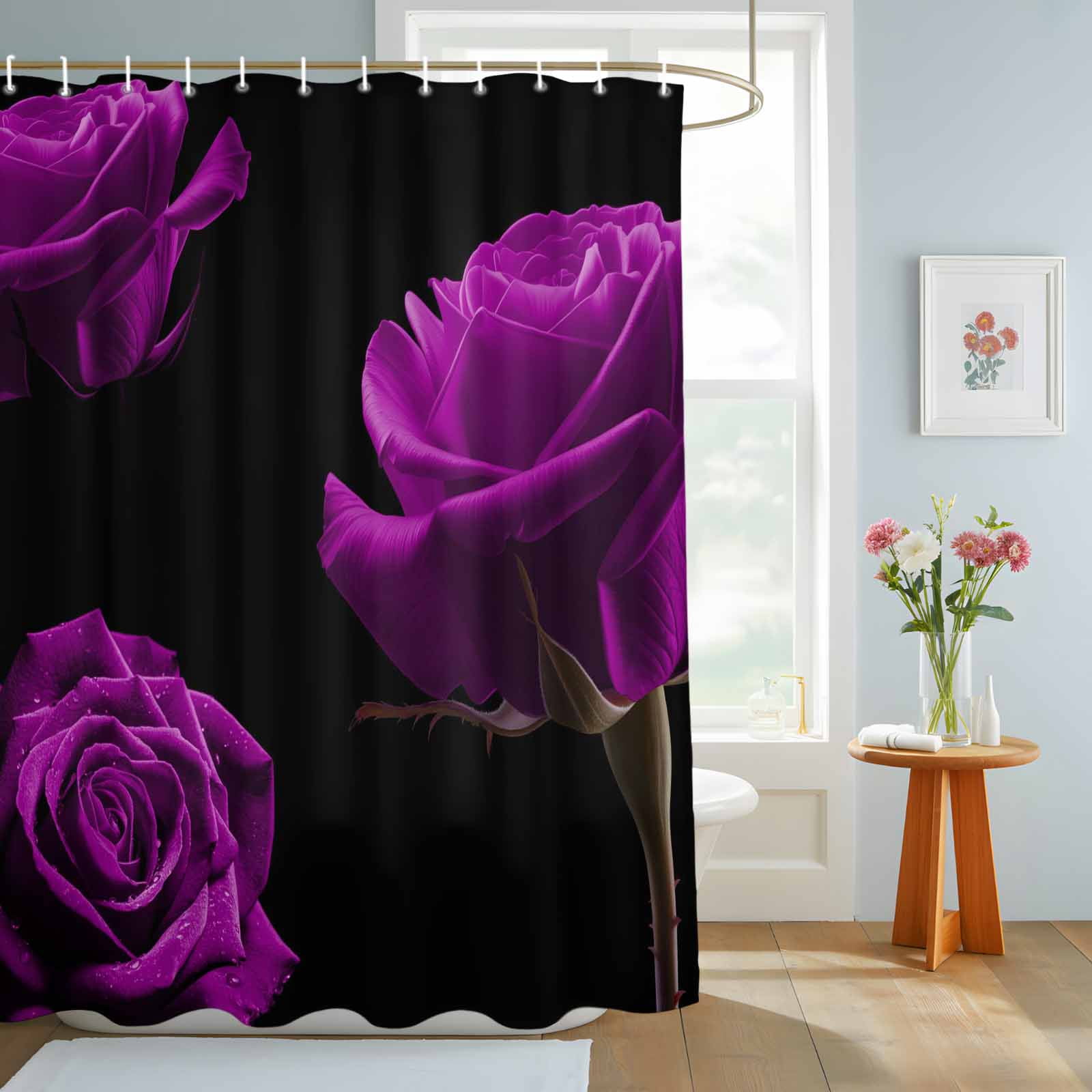 Bathroom Shower Curtain Purple Rose Blossom Floral Waterproof Shower ...