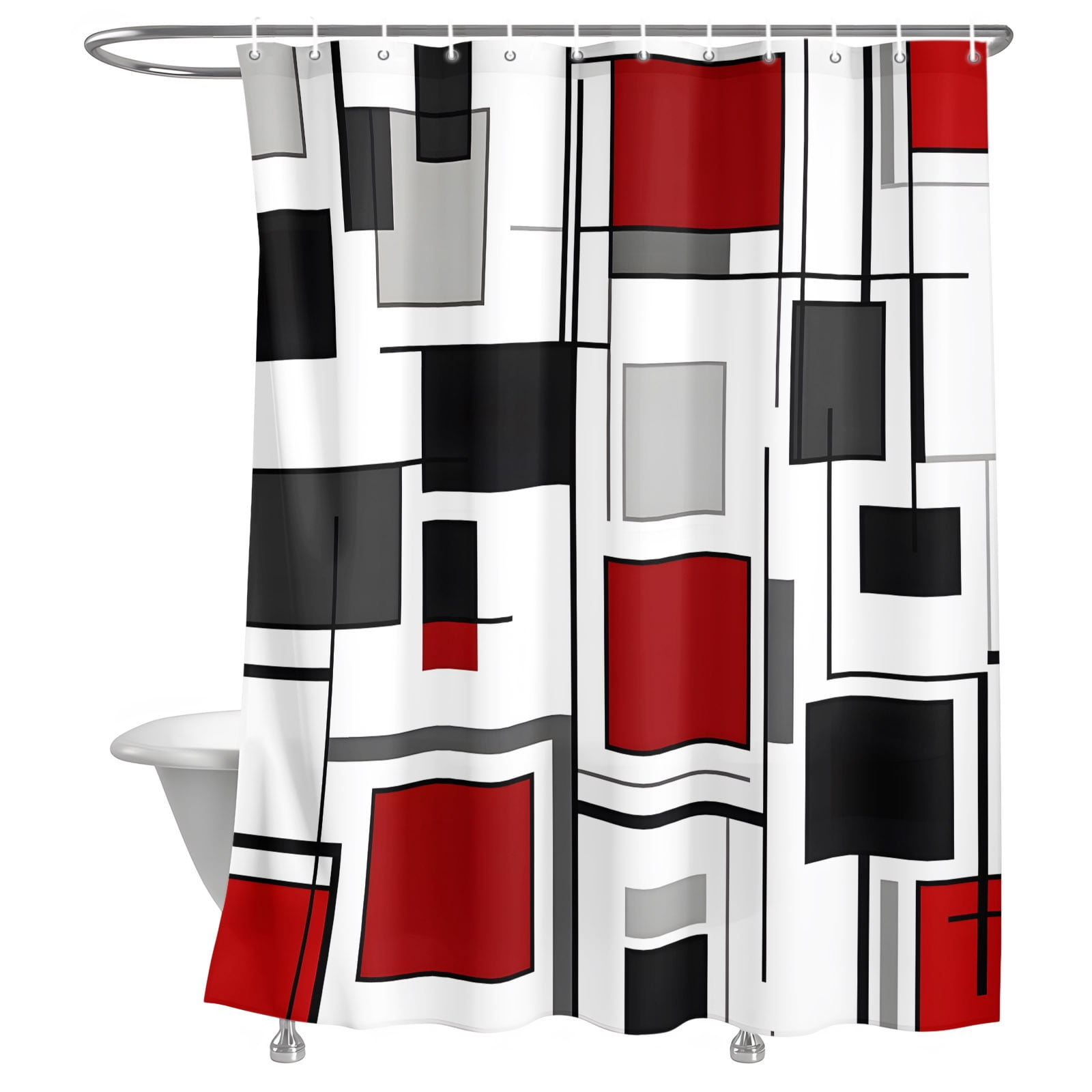 Bathroom Shower Curtain Red Color Block Abstract Geometric Waterproof ...