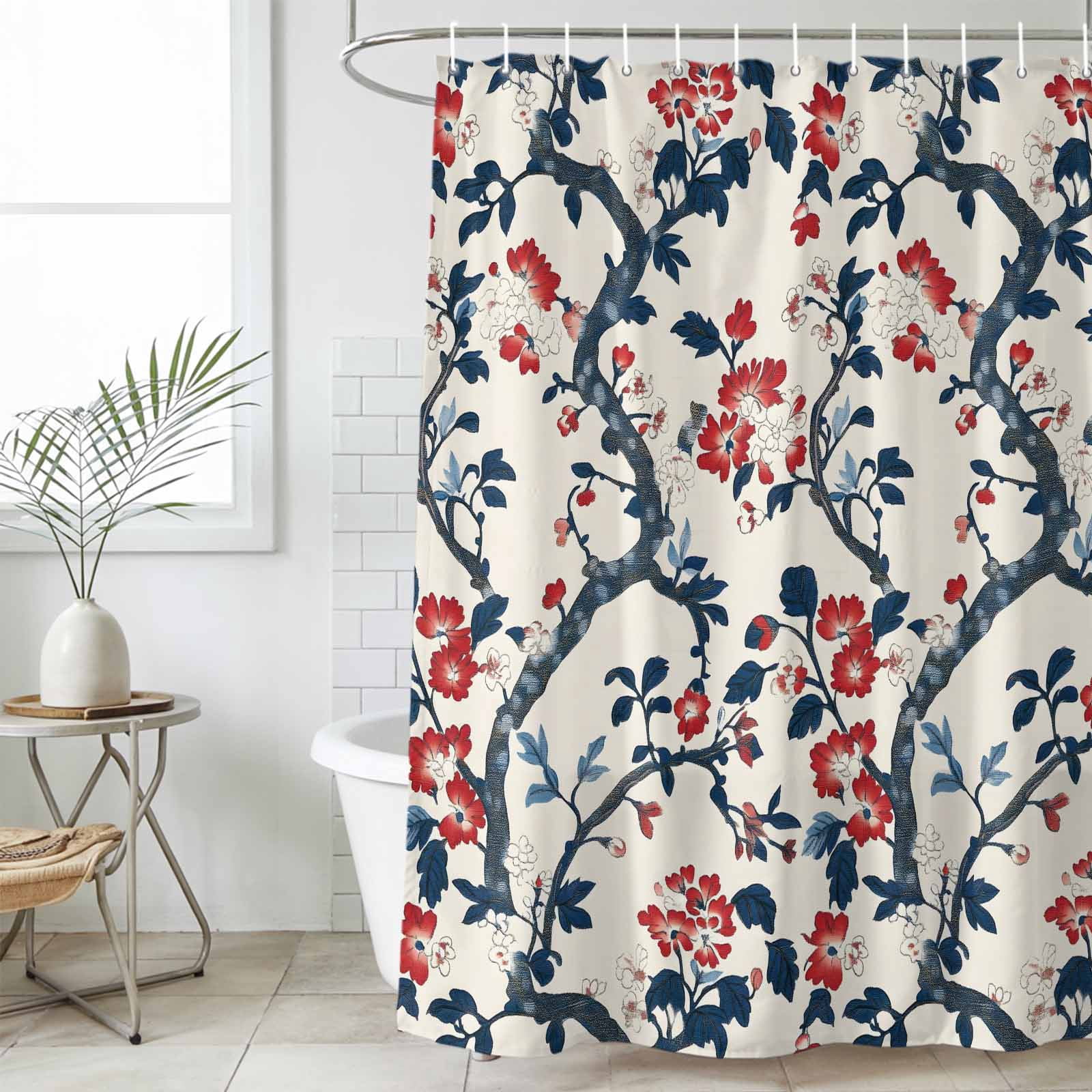 Bathroom Shower Curtain Red Flower Leaves Branch on Retro Waterproof ...