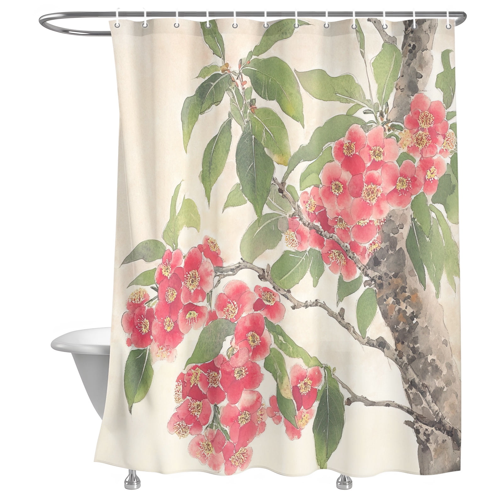 Bathroom Shower Curtain Red Flowers Green Leaves Tree Branches ...