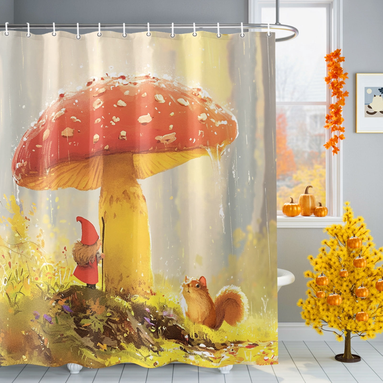 Bathroom Shower Curtain Red Mushroom Cute Gnome Squirrel Waterproof ...