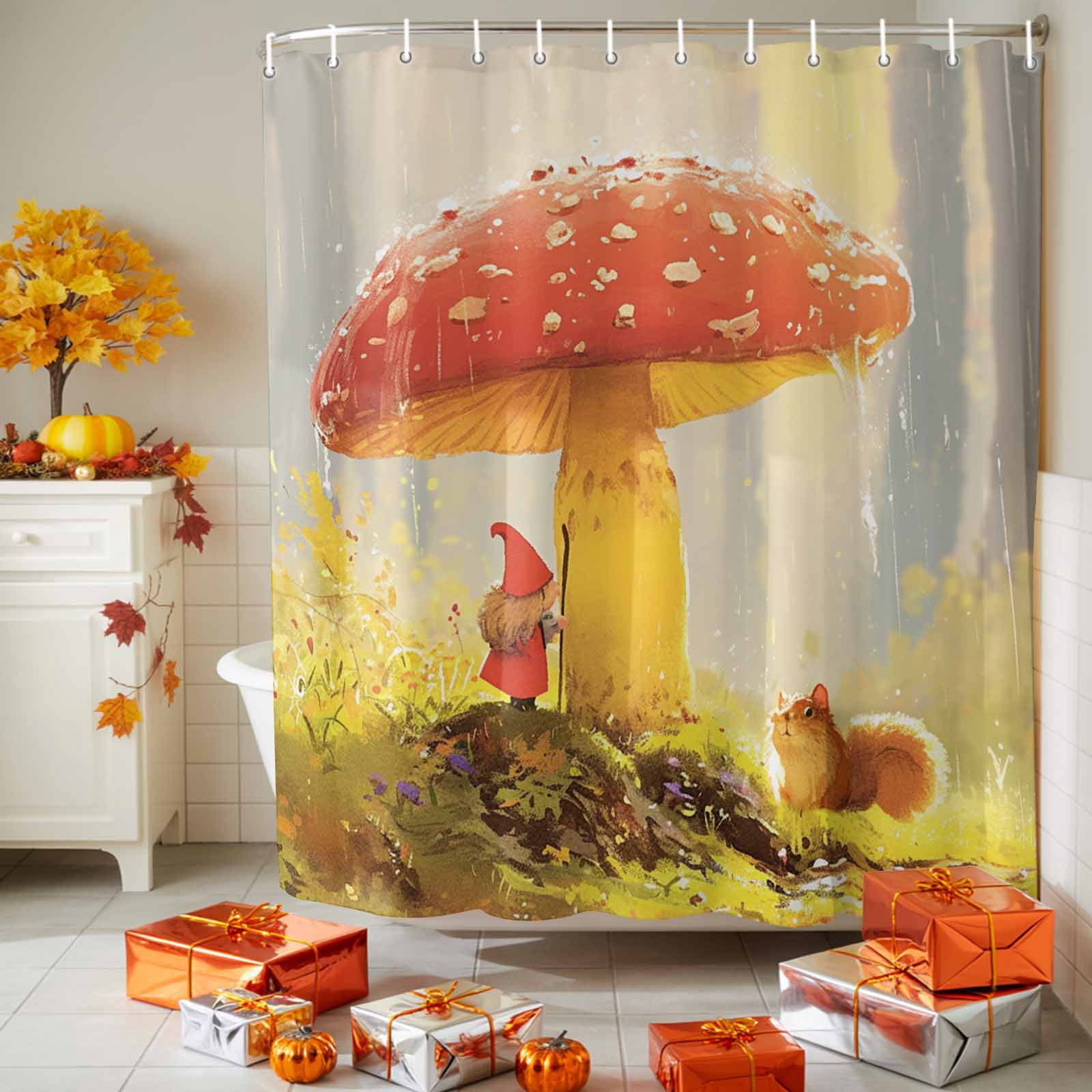 Bathroom Shower Curtain Red Mushroom Cute Gnome Squirrel Waterproof ...