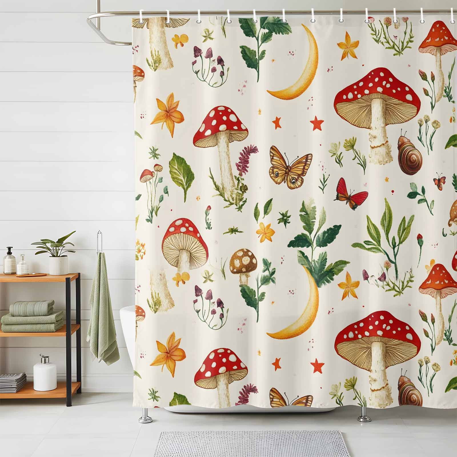 Bathroom Shower Curtain Red Mushroom Leaf Spring Butterfly Waterproof ...