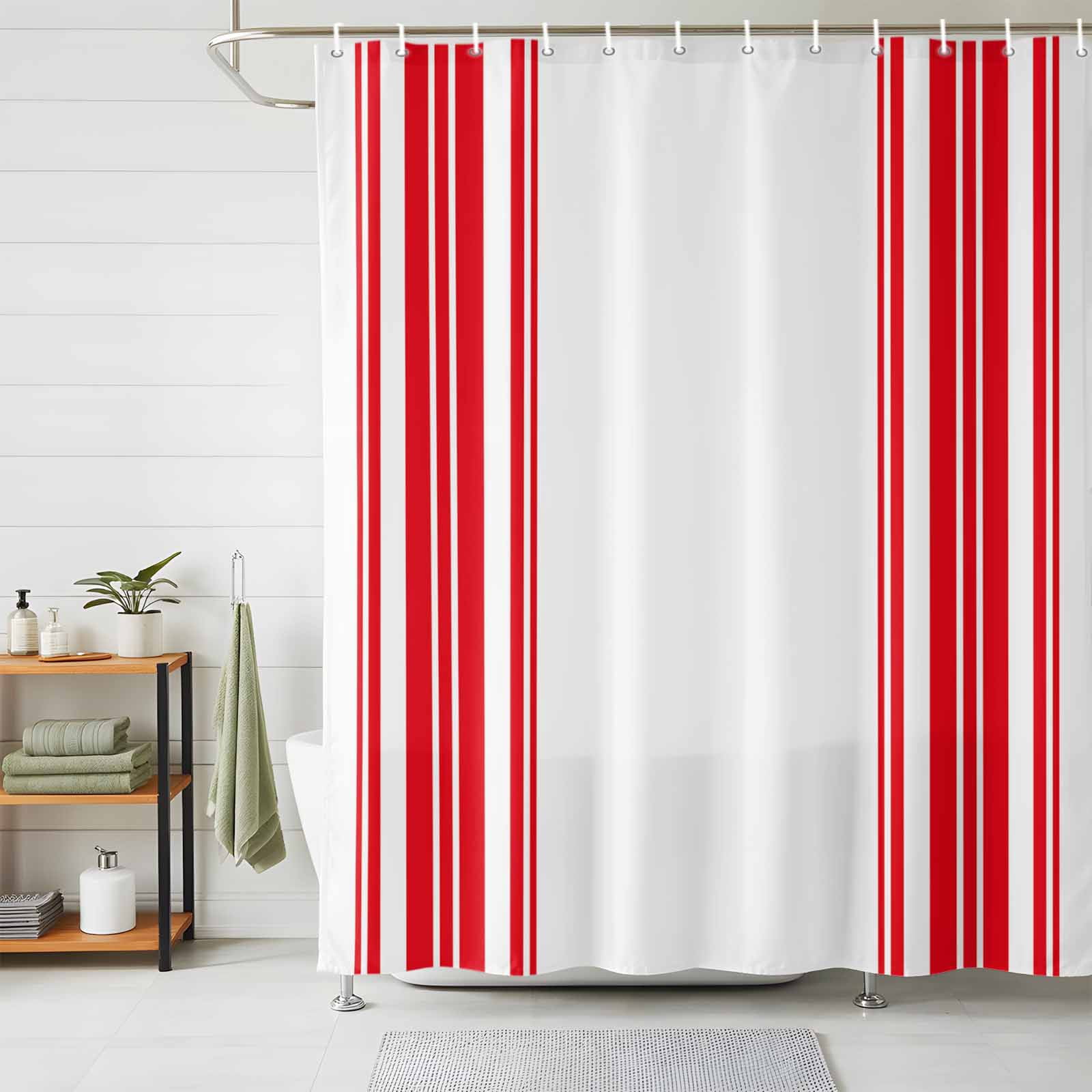 Bathroom Shower Curtain Red Striped on White Waterproof Shower Curtains ...
