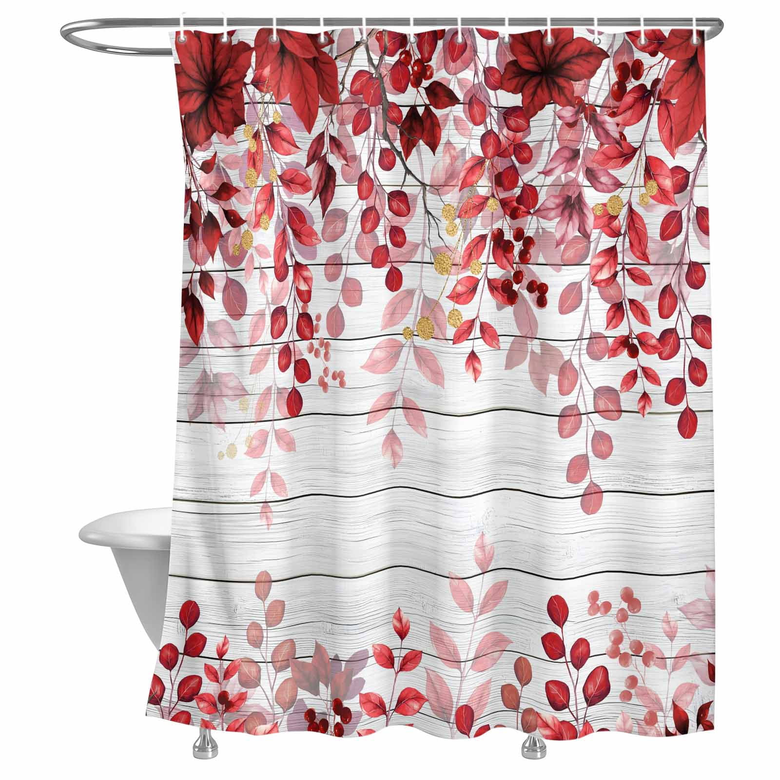 Bathroom Shower Curtain Red Watercolor Eucalyptus Leaves Waterproof ...