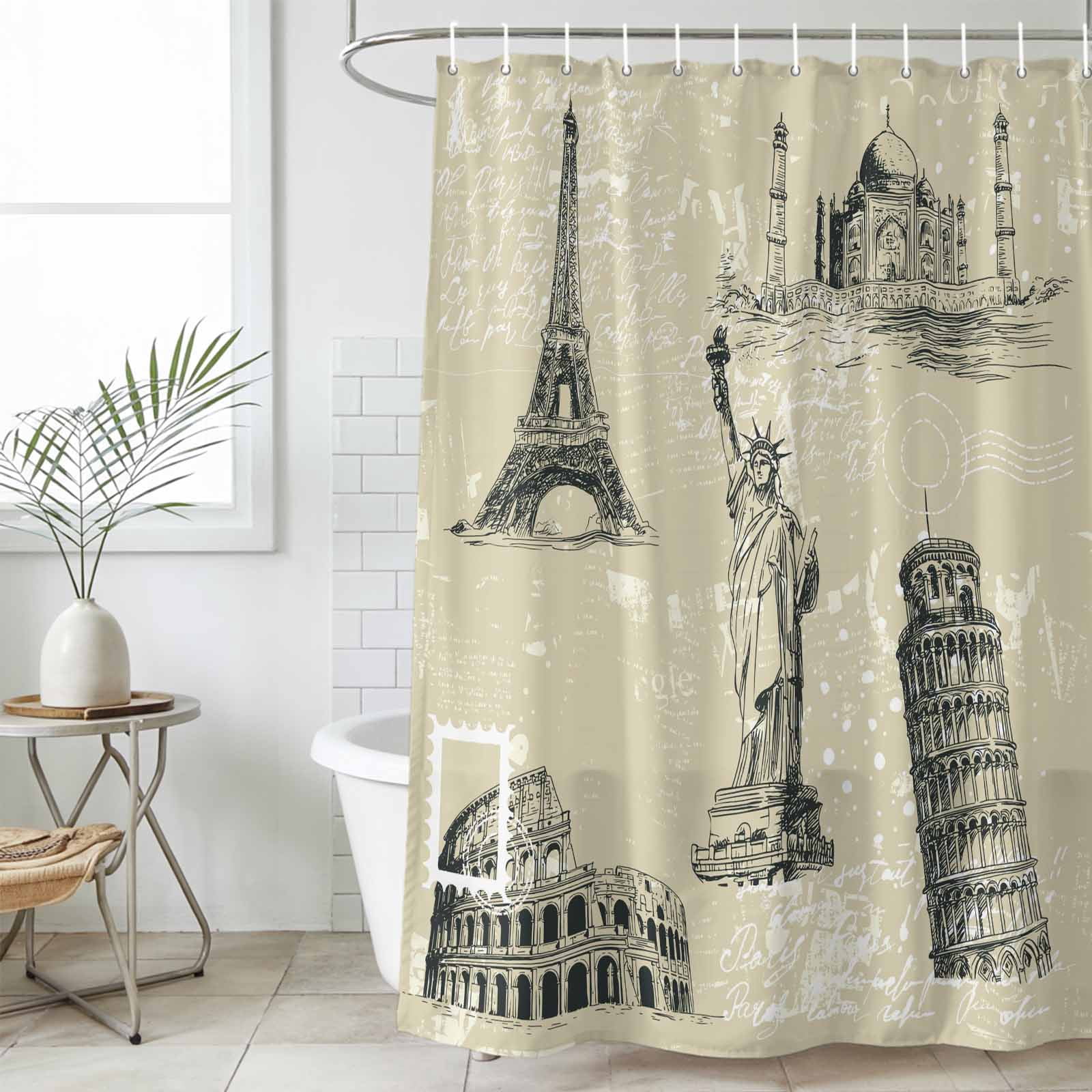 Bathroom Shower Curtain Retro Architectural Panorama Waterproof Shower ...