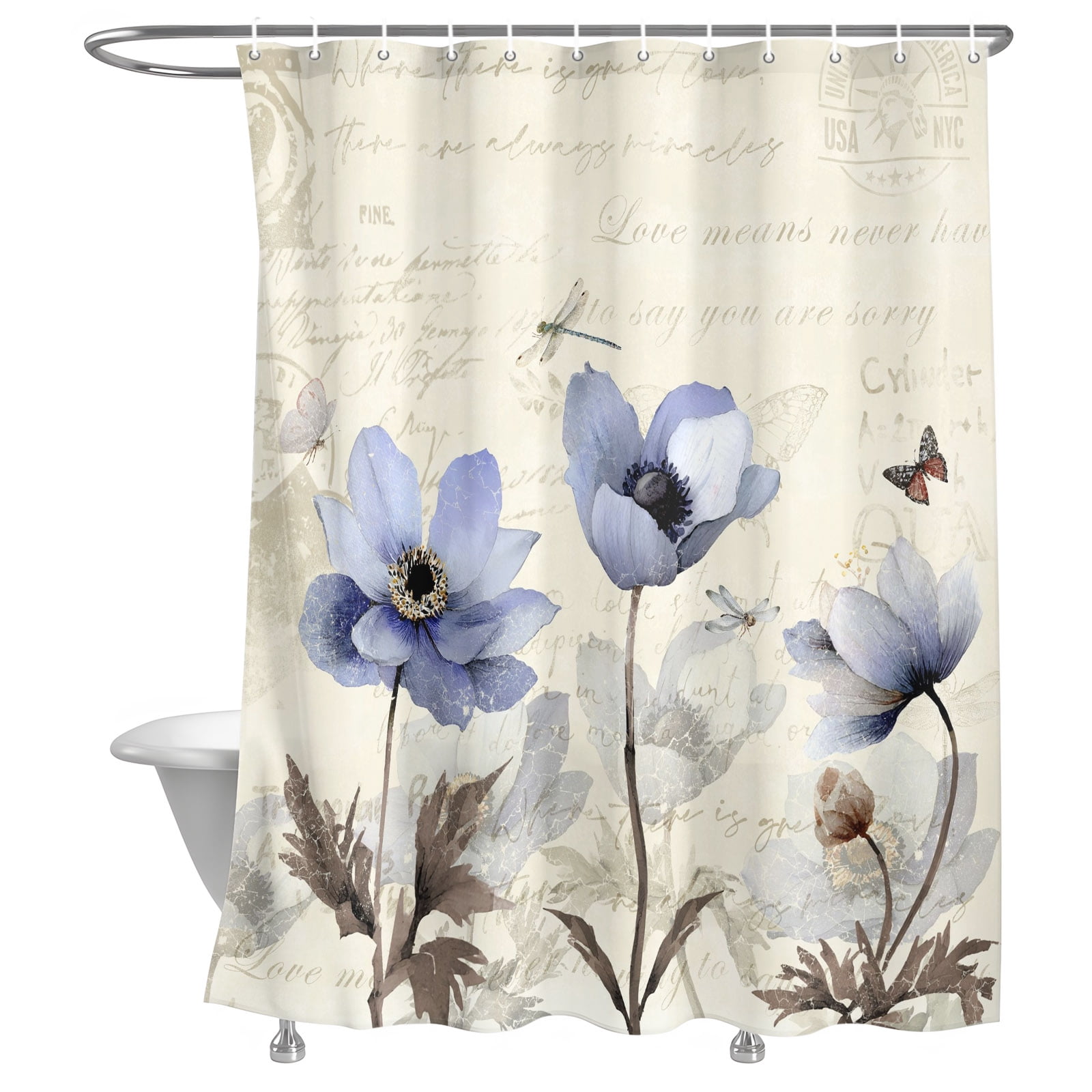 Bathroom Shower Curtain Retro Blossom Blue Purple Floral Waterproof ...