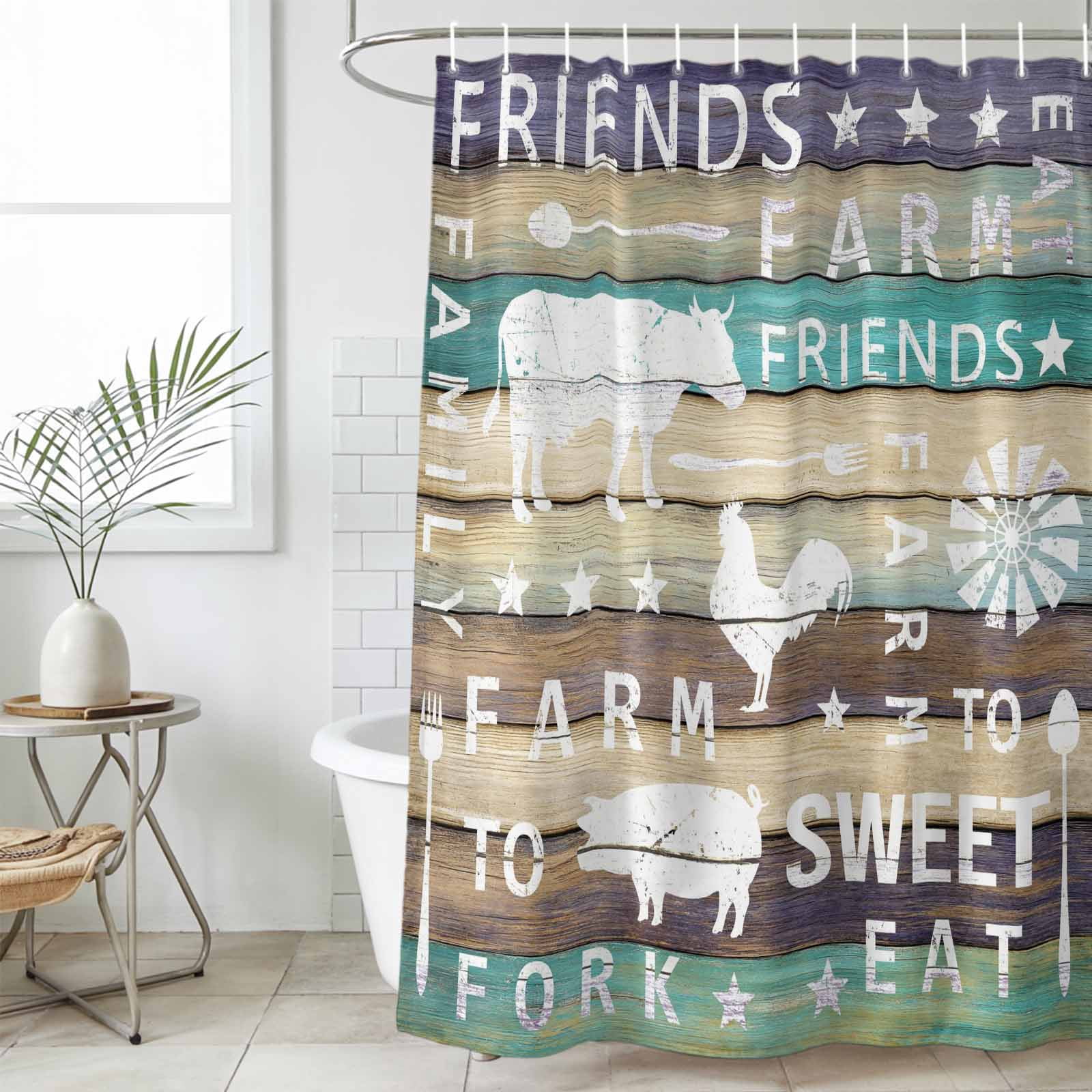Bathroom Shower Curtain Retro Blue Brown Wooden Plank Waterproof Shower ...