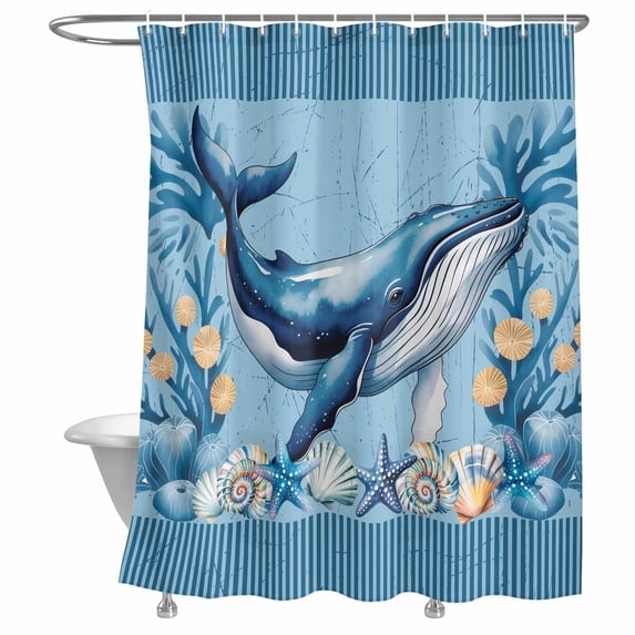 Bathroom Shower Curtain Retro Blue Whales Corals Shellfish Waterproof ...
