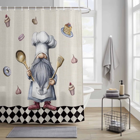 Bathroom Shower Curtain Retro Cartoon Dessert Chef Gnome Waterproof ...