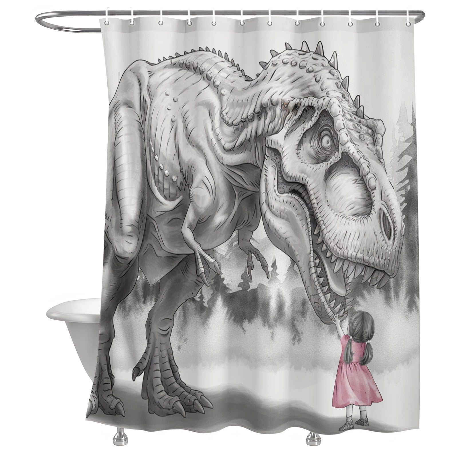 Bathroom Shower Curtain Retro Cartoon Dinosaur Little Girl Waterproof ...