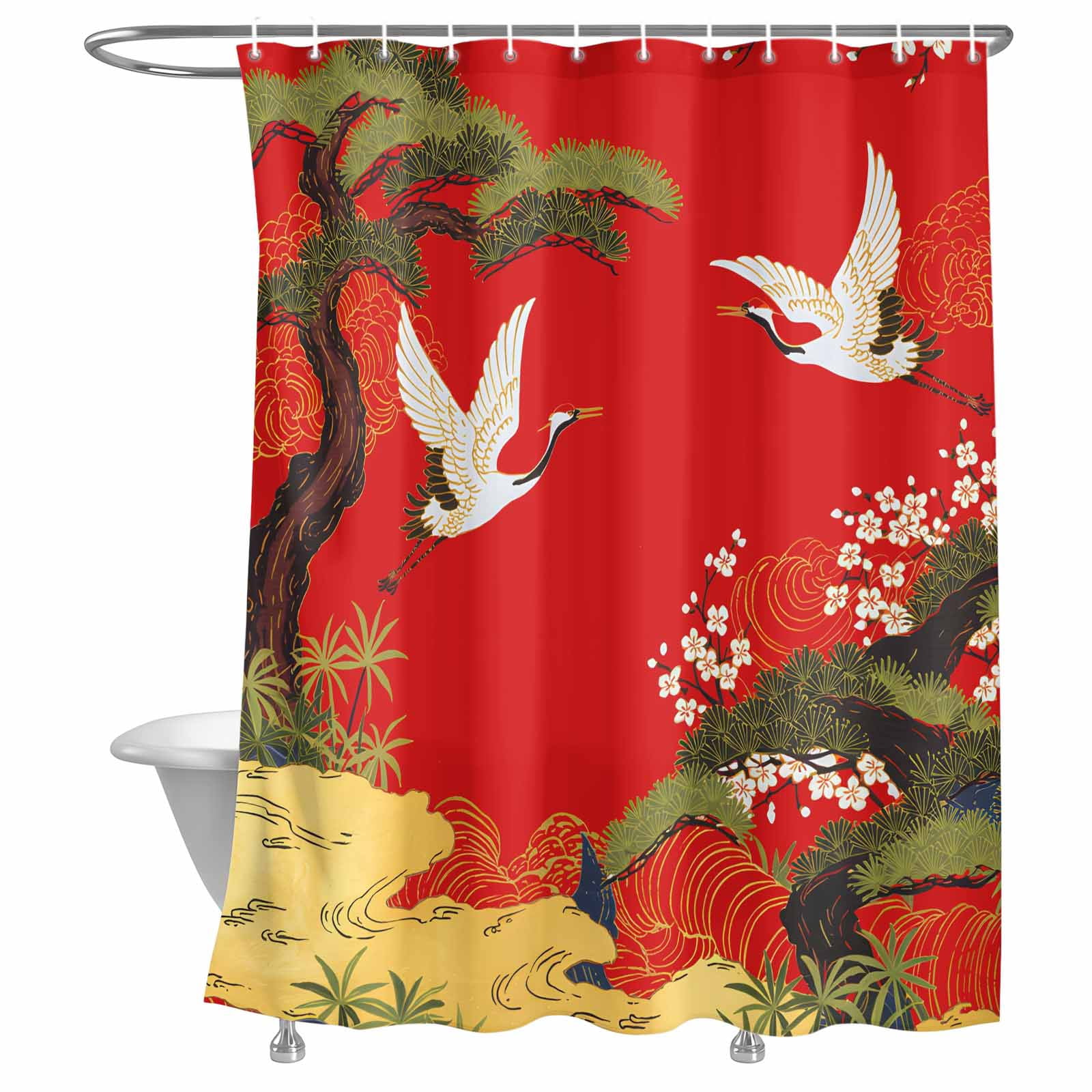 Bathroom Shower Curtain Retro Crane Pine Flower on Red Waterproof ...