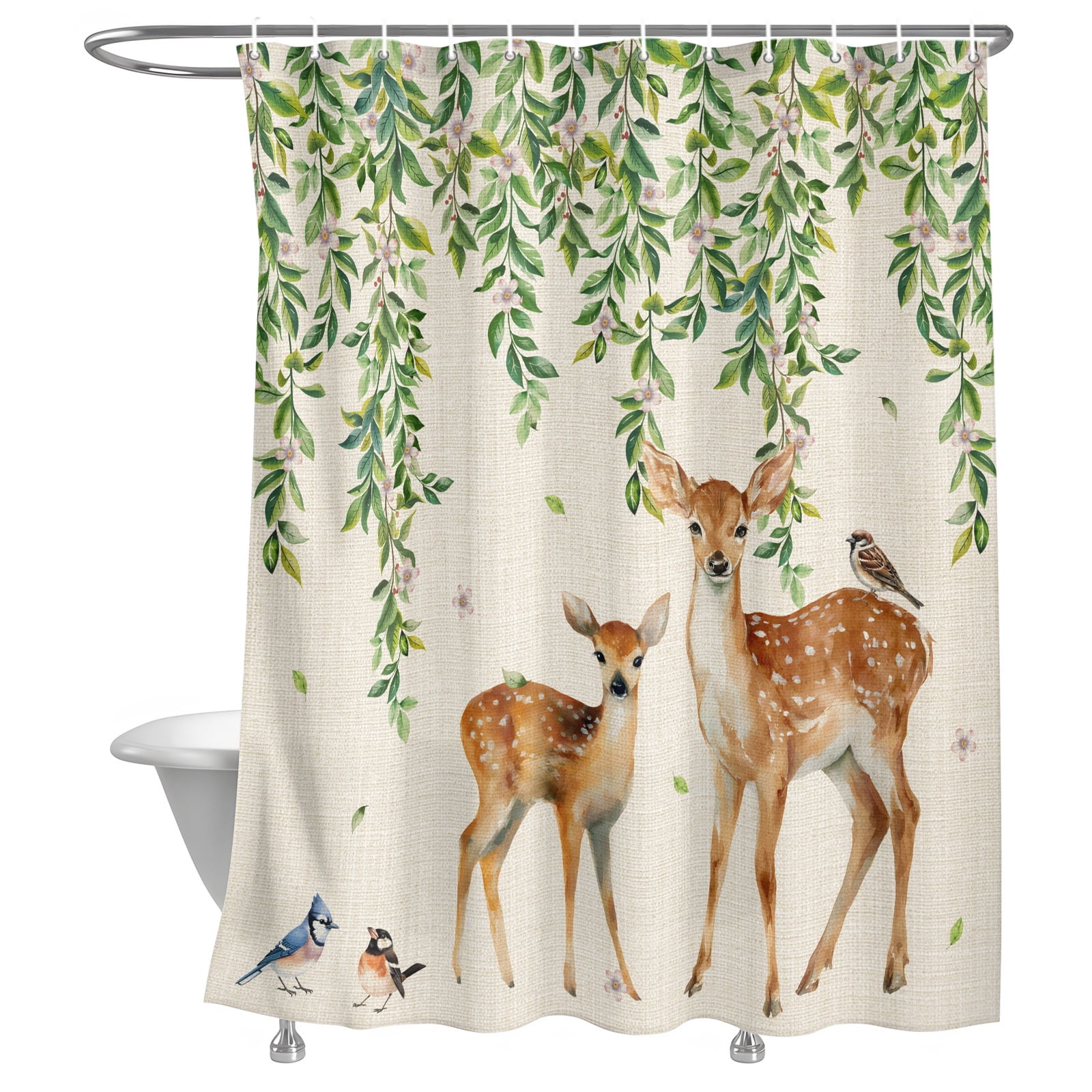 Bathroom Shower Curtain Retro Deer Birds on Retro Linen Waterproof ...