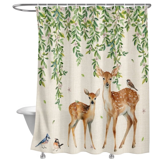 Bathroom Shower Curtain Retro Deer Birds on Retro Linen Waterproof ...