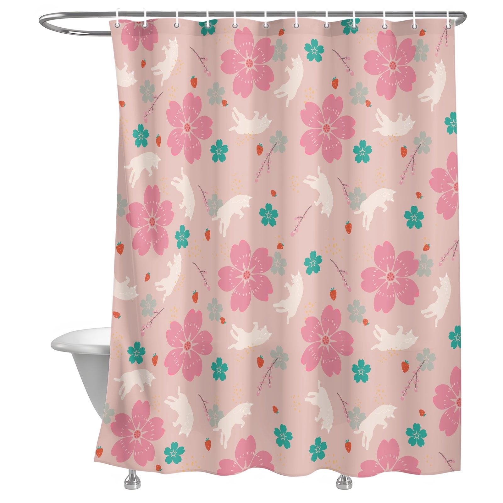 Bathroom Shower Curtain Retro Flower Cat on Pink Waterproof Shower ...