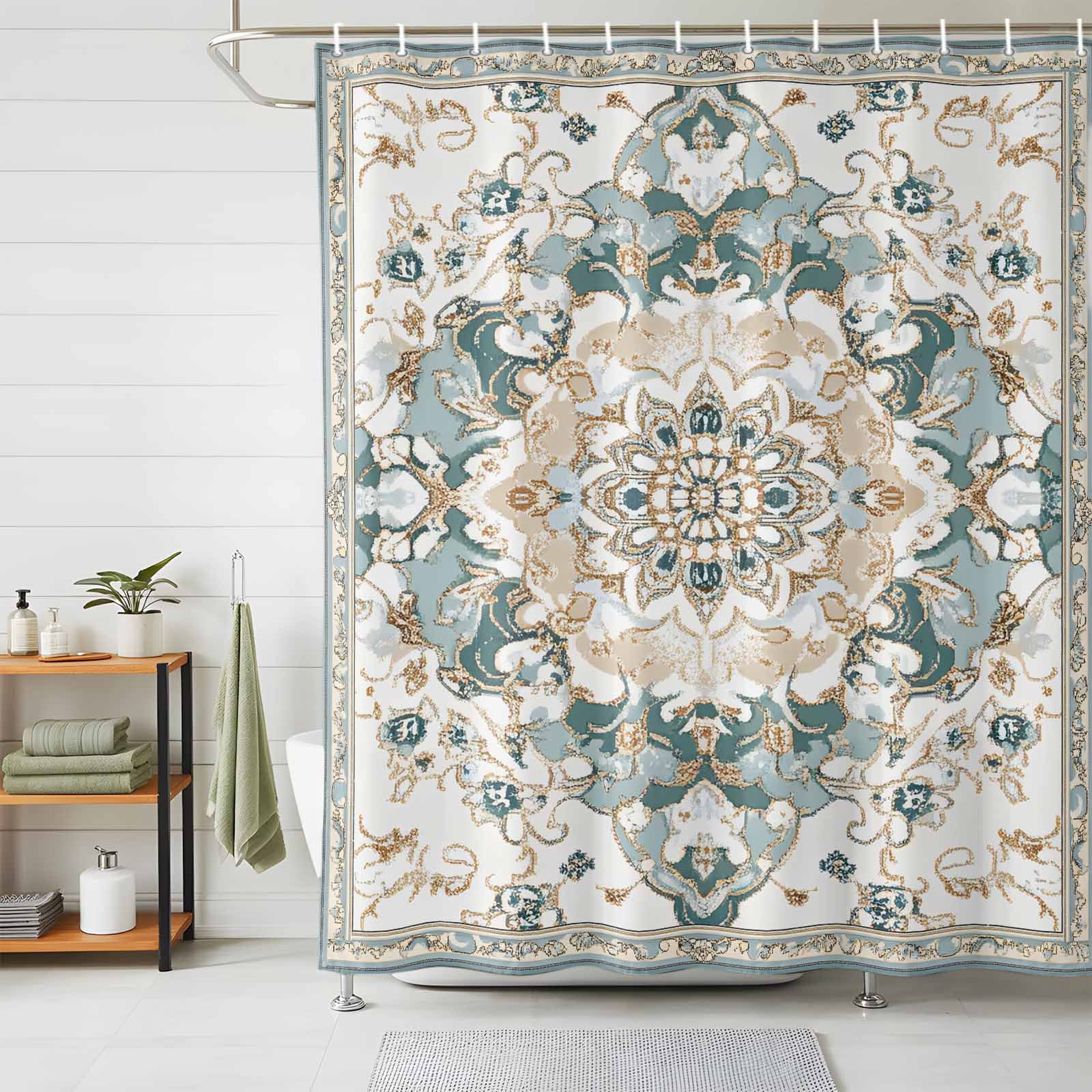 Bathroom Shower Curtain Retro Green Gold Bohemia Flower Waterproof ...