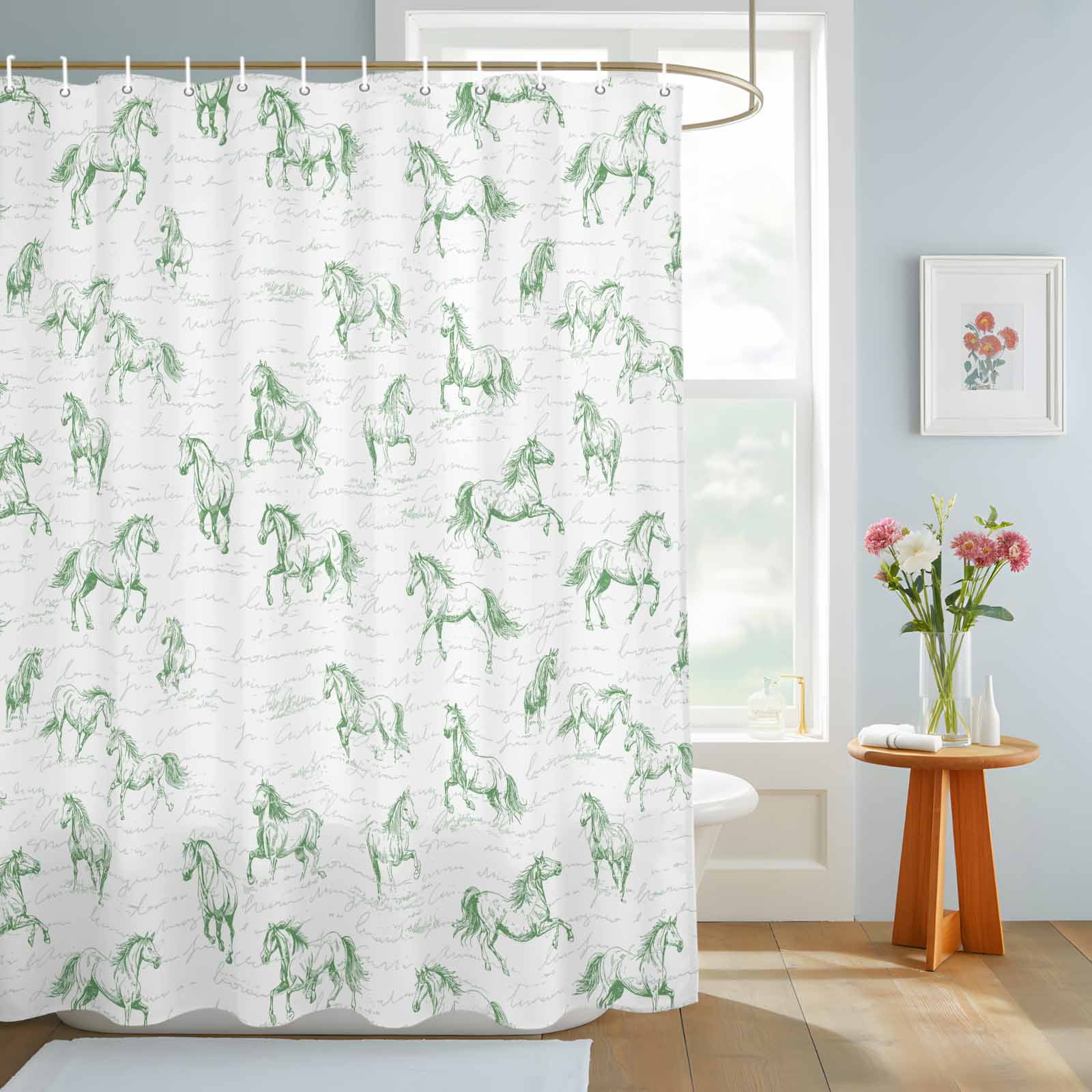 Bathroom Shower Curtain Retro Green Horse Animal on White Waterproof ...