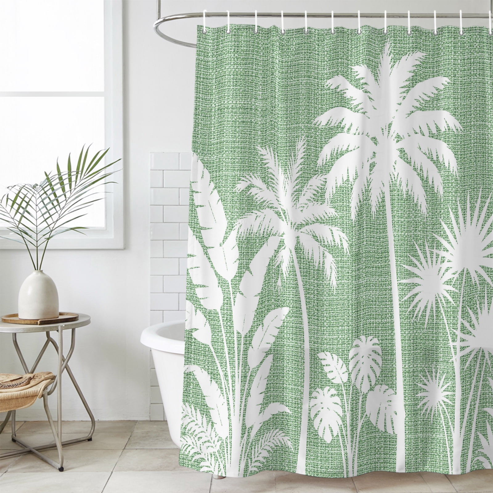 Bathroom Shower Curtain Retro Green Palm Tree Flower Waterproof Shower ...